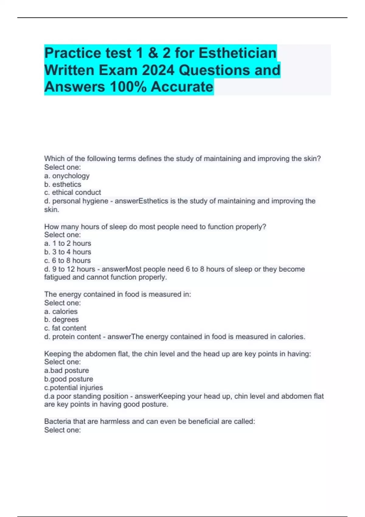 Practice test 1 & 2 for Esthetician Written Exam 2024 Questions and ...