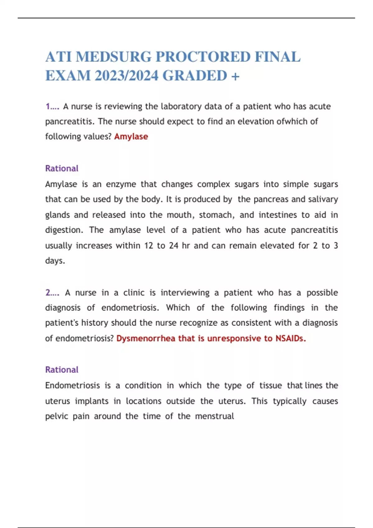 ATI MEDSURG PROCTORED FINAL EXAM GRADED + - Med surg - Stuvia US