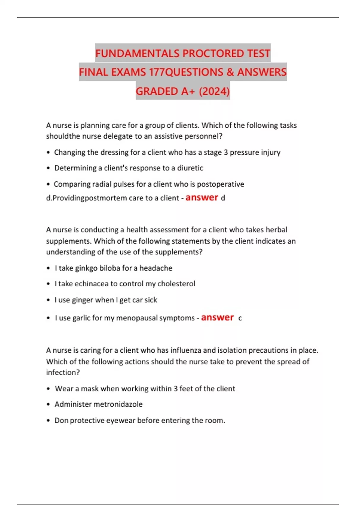 FUNDAMENTALS PROCTORED TEST FINAL EXAMS 177QUESTIONS & ANSWERS GRADED ...