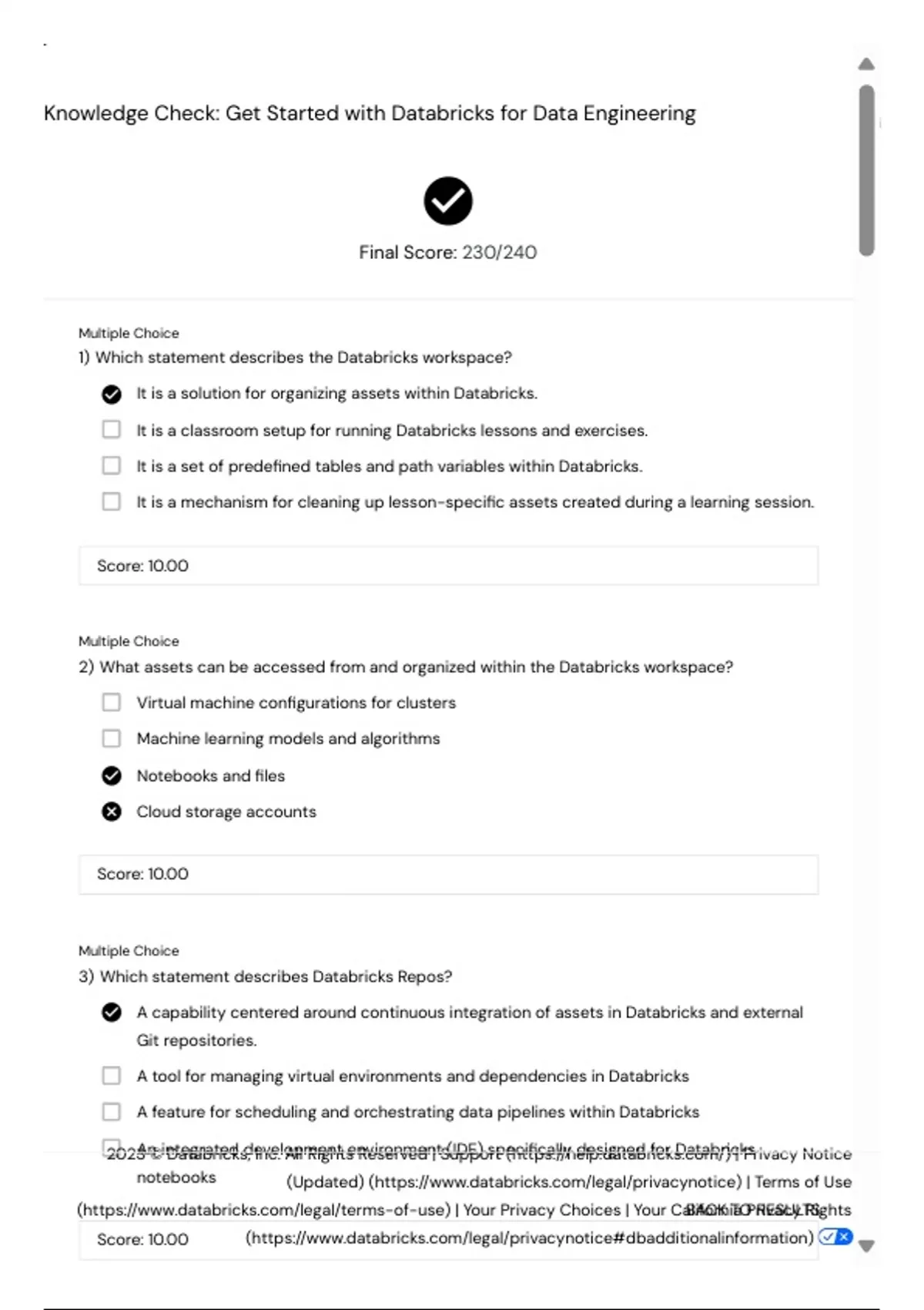 Knowledge check answers and questions for Databricks Get Started with ...