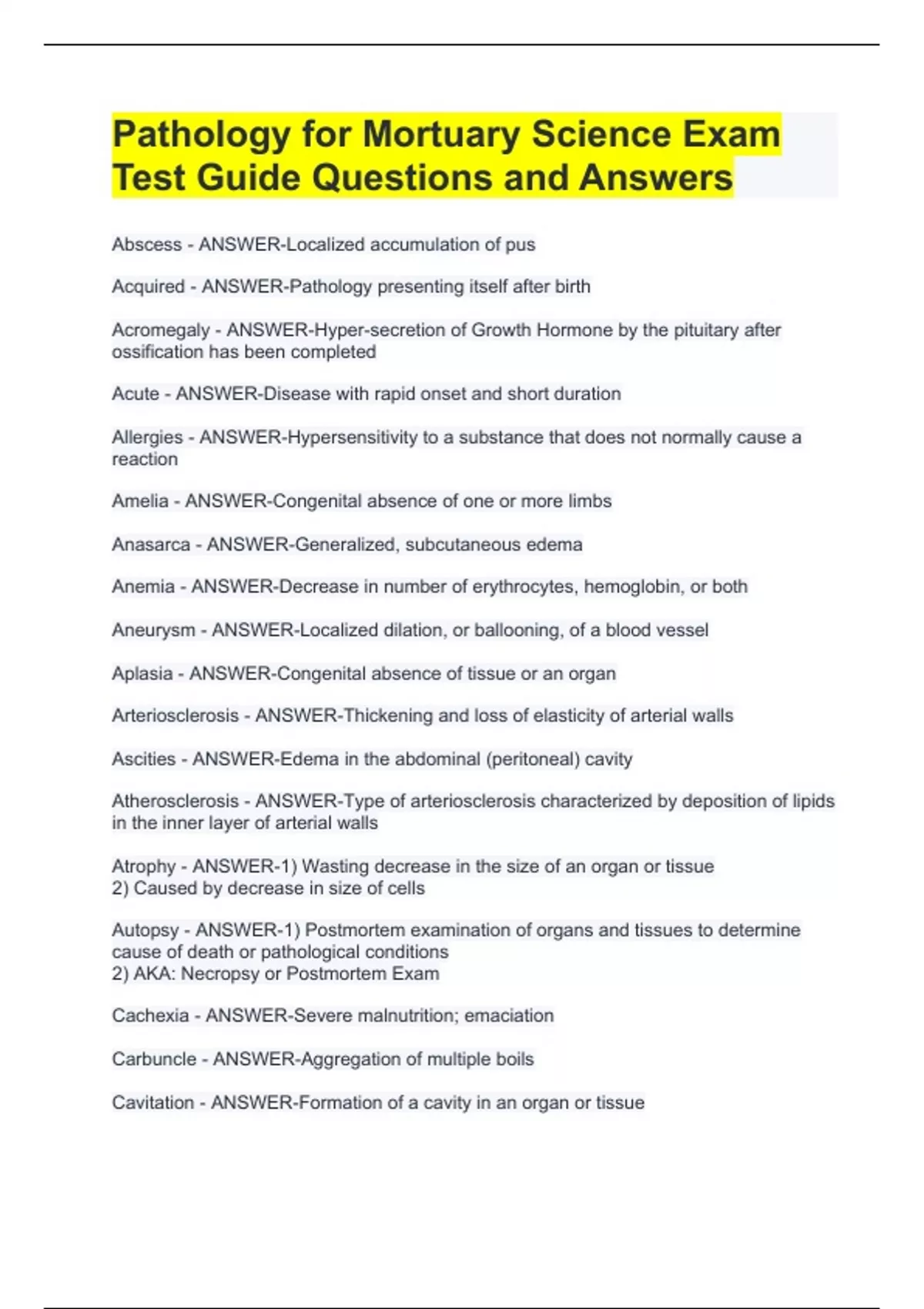Pathology for Mortuary Science Exam Test Guide Questions and Answers ...