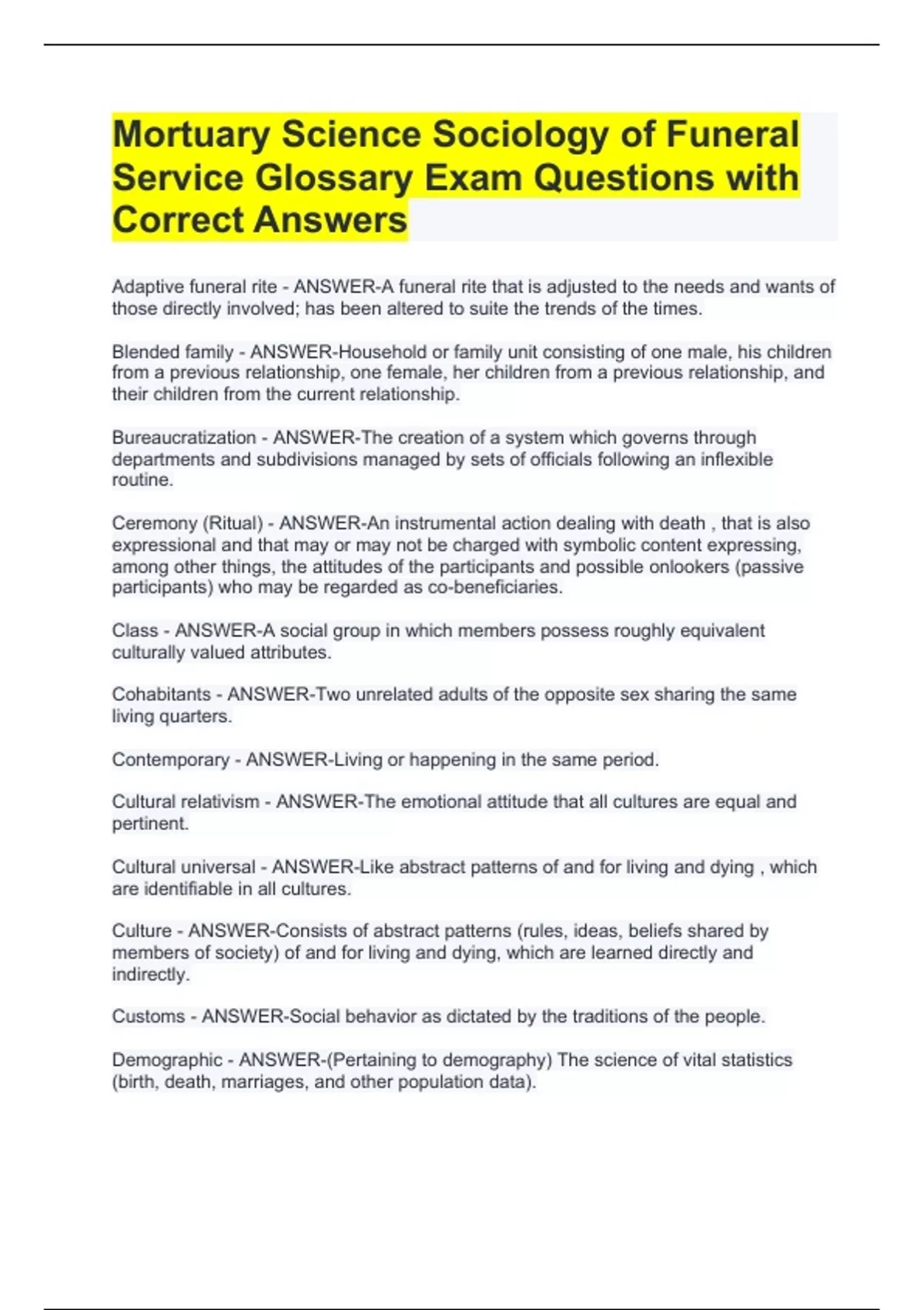 Mortuary Science Sociology of Funeral Service Glossary Exam Questions ...