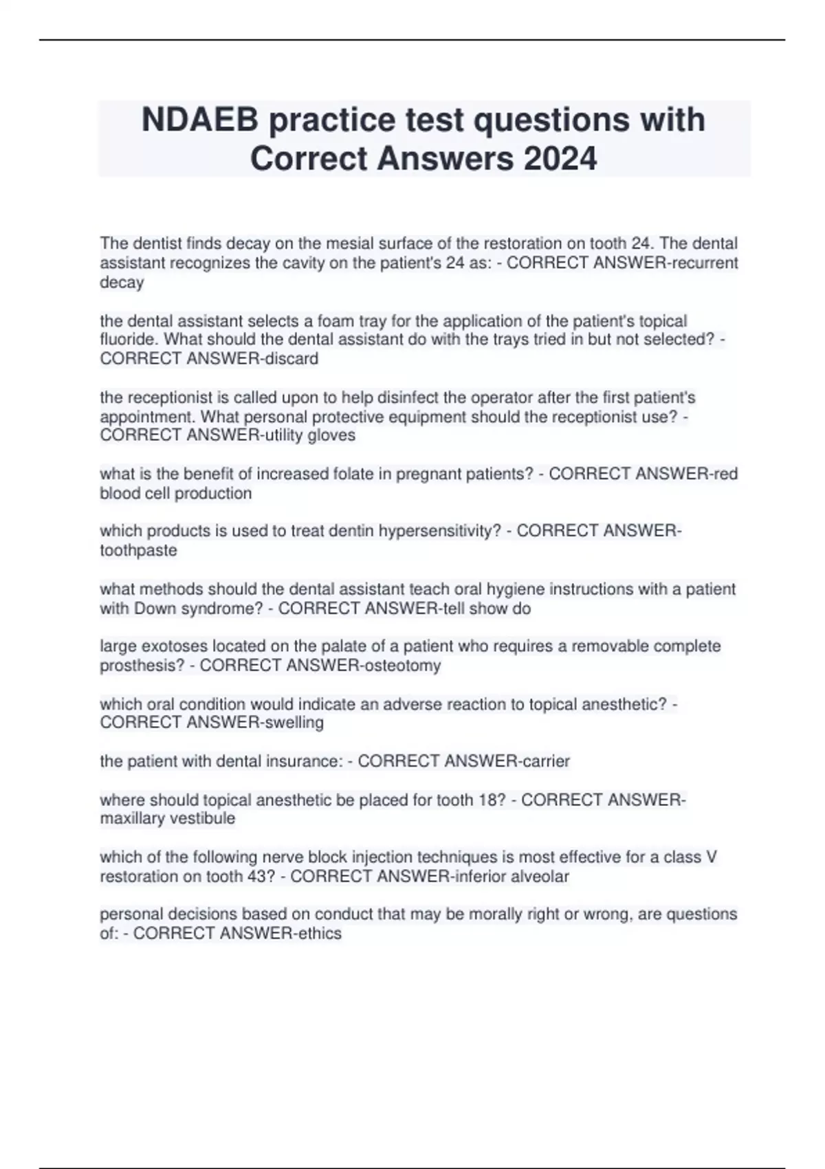 NDAEB practice test questions with Correct Answers 2024 - NDAEB - Stuvia US