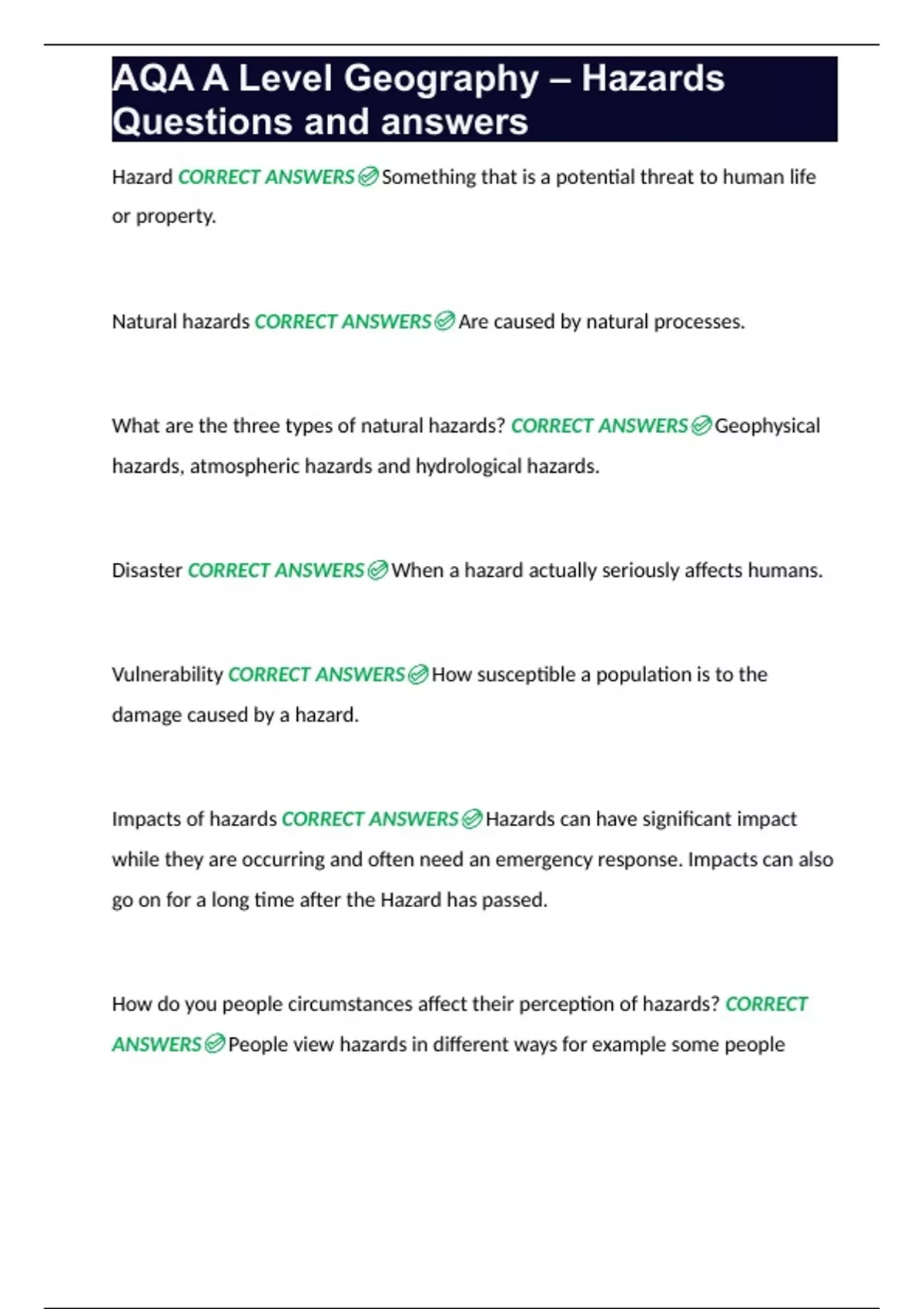 AQA A Level Geography – Hazards Questions and answers - AQA A Level ...