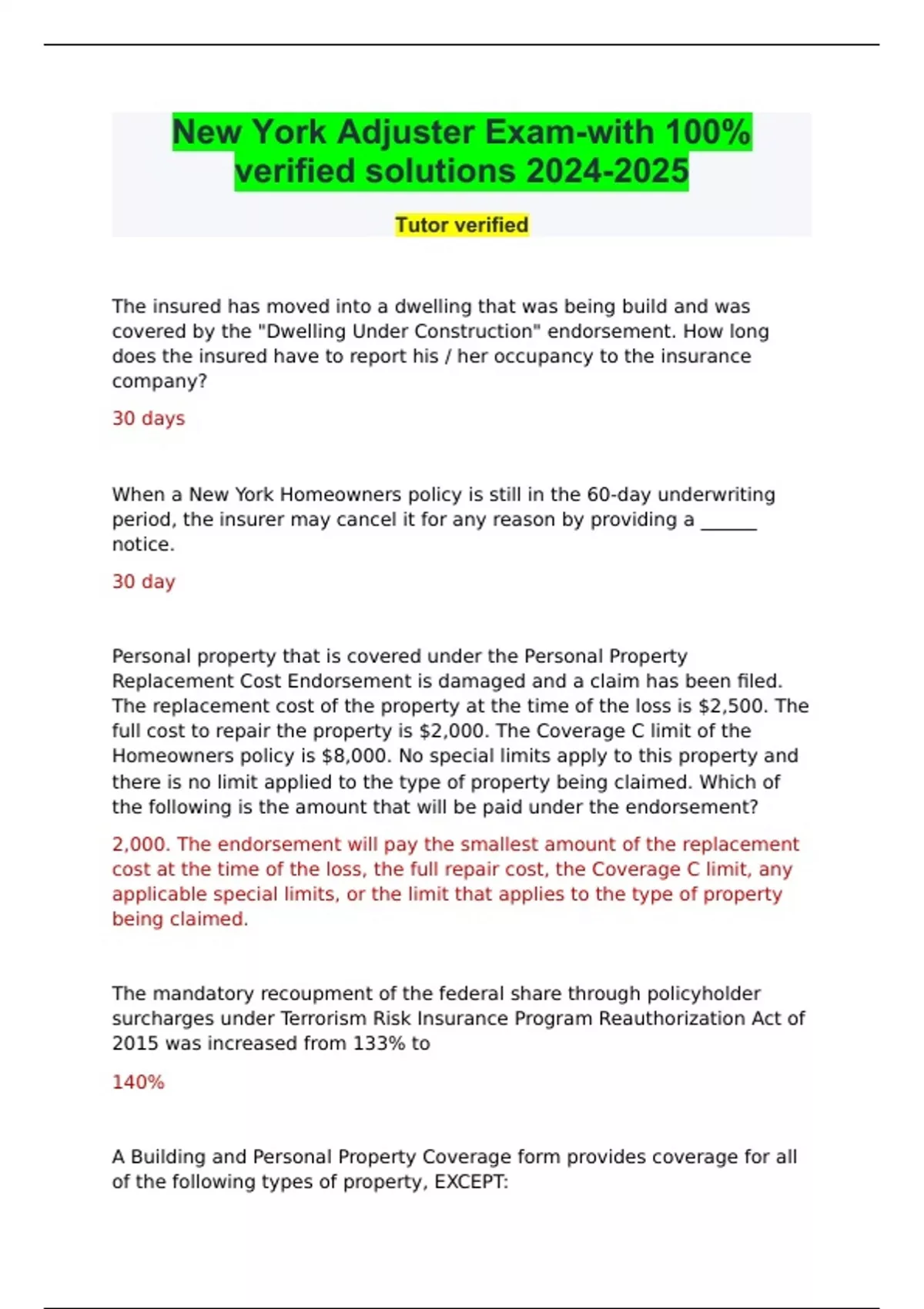 New York Adjuster Exam-with 100% verified solutions - New York Adjuster ...