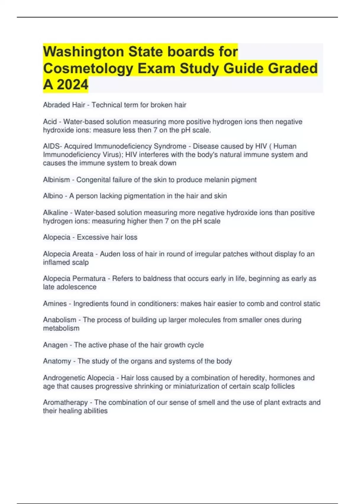 Washington State boards for Cosmetology Exam Study Guide Graded A 2024 ...
