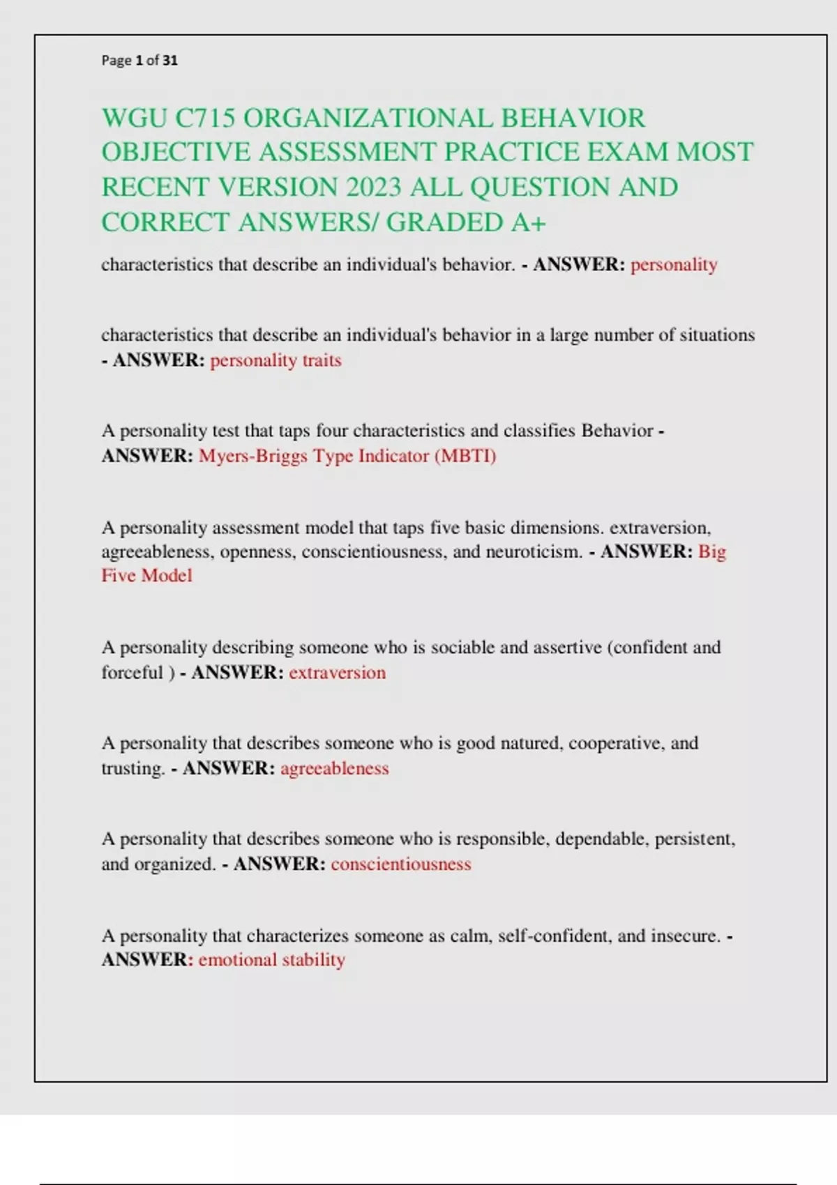 WGU C715 ORGANIZATIONAL BEHAVIOR OBJECTIVE ASSESSMENT PRACTICE EXAM ...