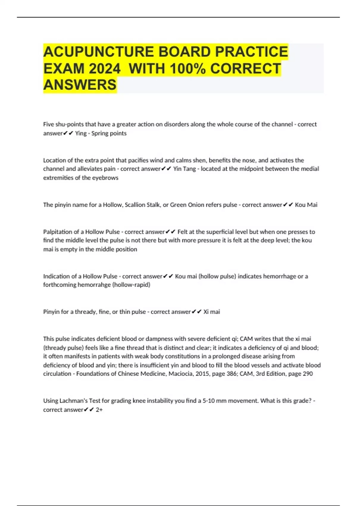 ACUPUNCTURE BOARD PRACTICE EXAM 2024 WITH 100% CORRECT ANSWERS ...