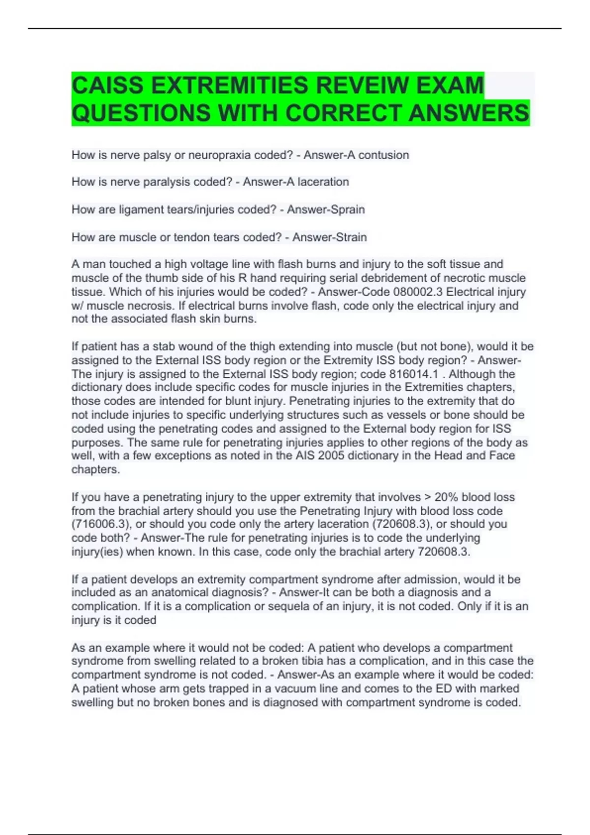 CAISS EXTREMITIES REVEIW EXAM QUESTIONS WITH CORRECT ANSWERS - CAISS ...