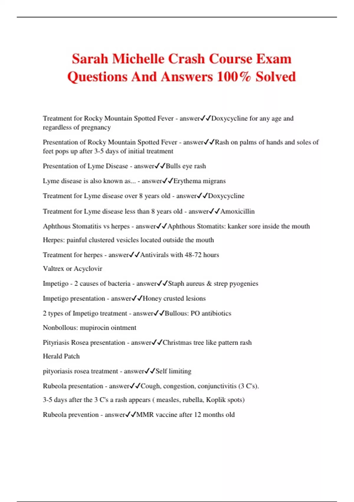 Sarah Michelle Crash Course Exam Questions And Answers 100% Solved ...