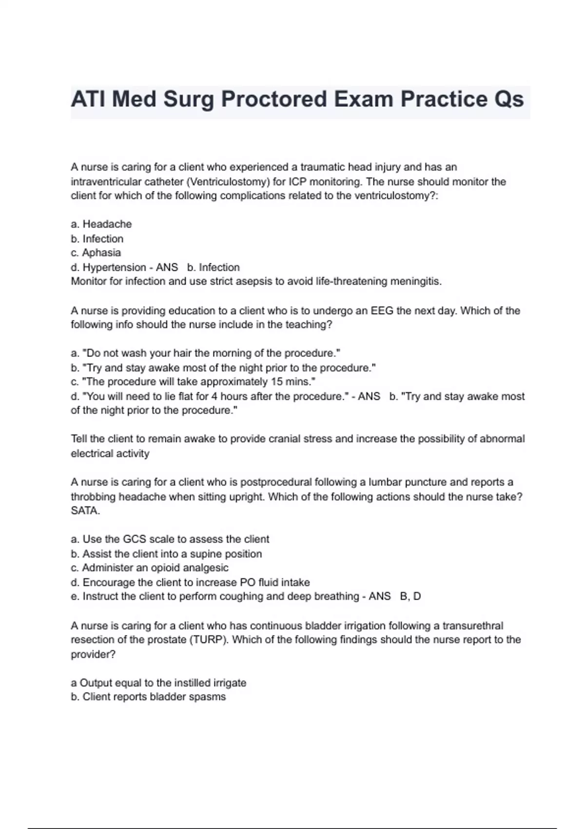 ATI Med Surg Proctored Exam Practice Qs - ATI Med Surge - Stuvia US