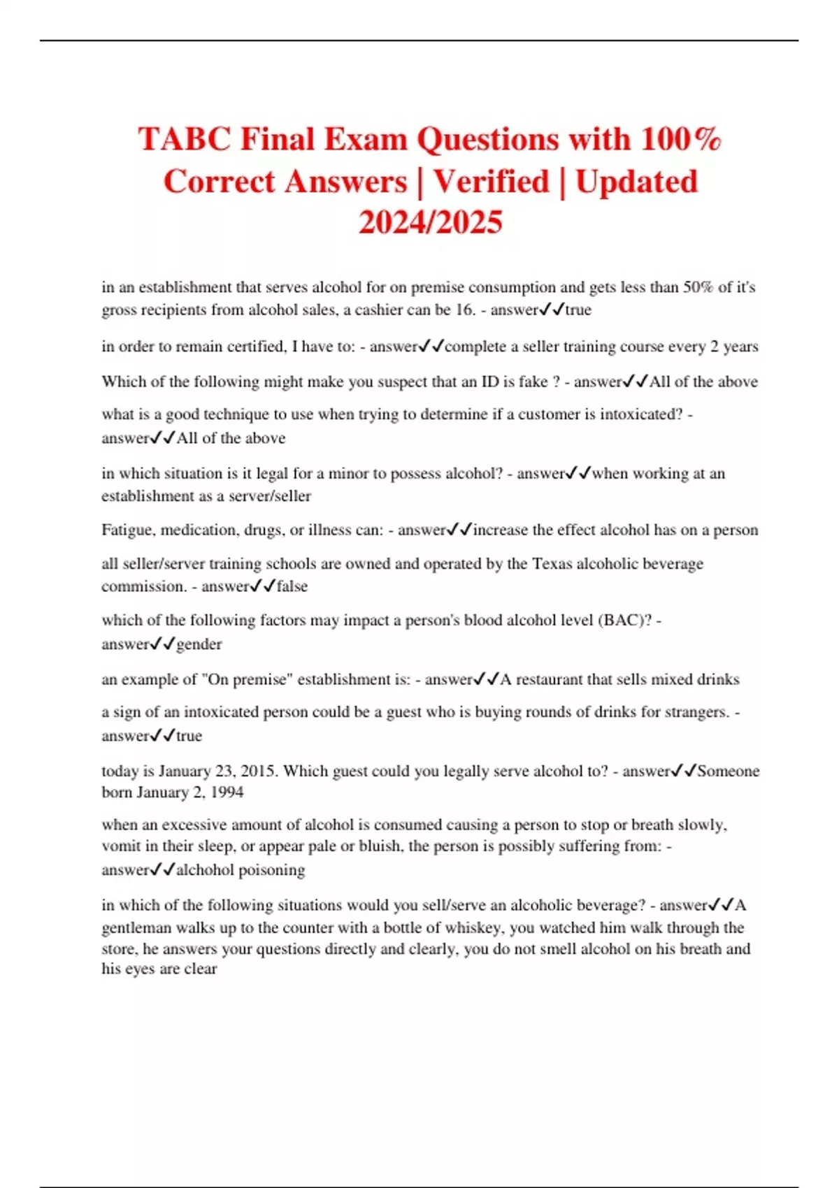 Tabc Final Exam Questions With 100 Correct Answers Verified Updated 2024 2025 Tabc