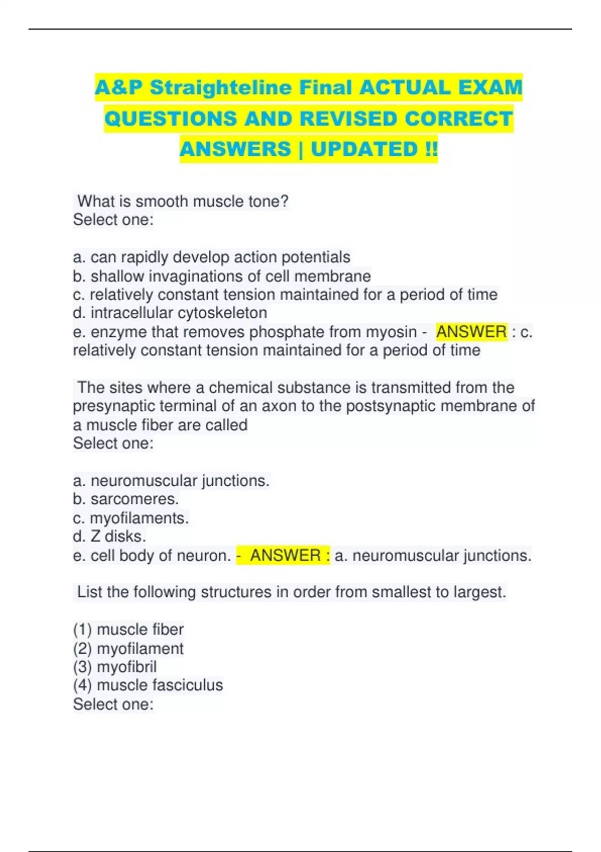 A&P Straighteline Final ACTUAL EXAM QUESTIONS AND REVISED CORRECT ...
