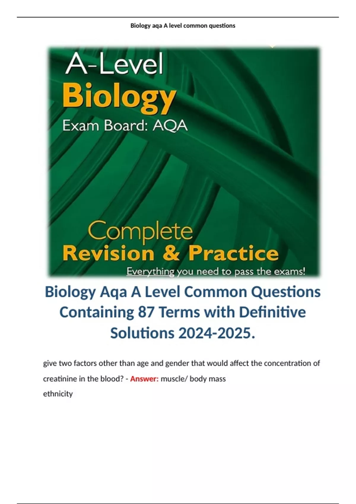 Biology Aqa A Level Common Questions Containing 87 Terms with ...