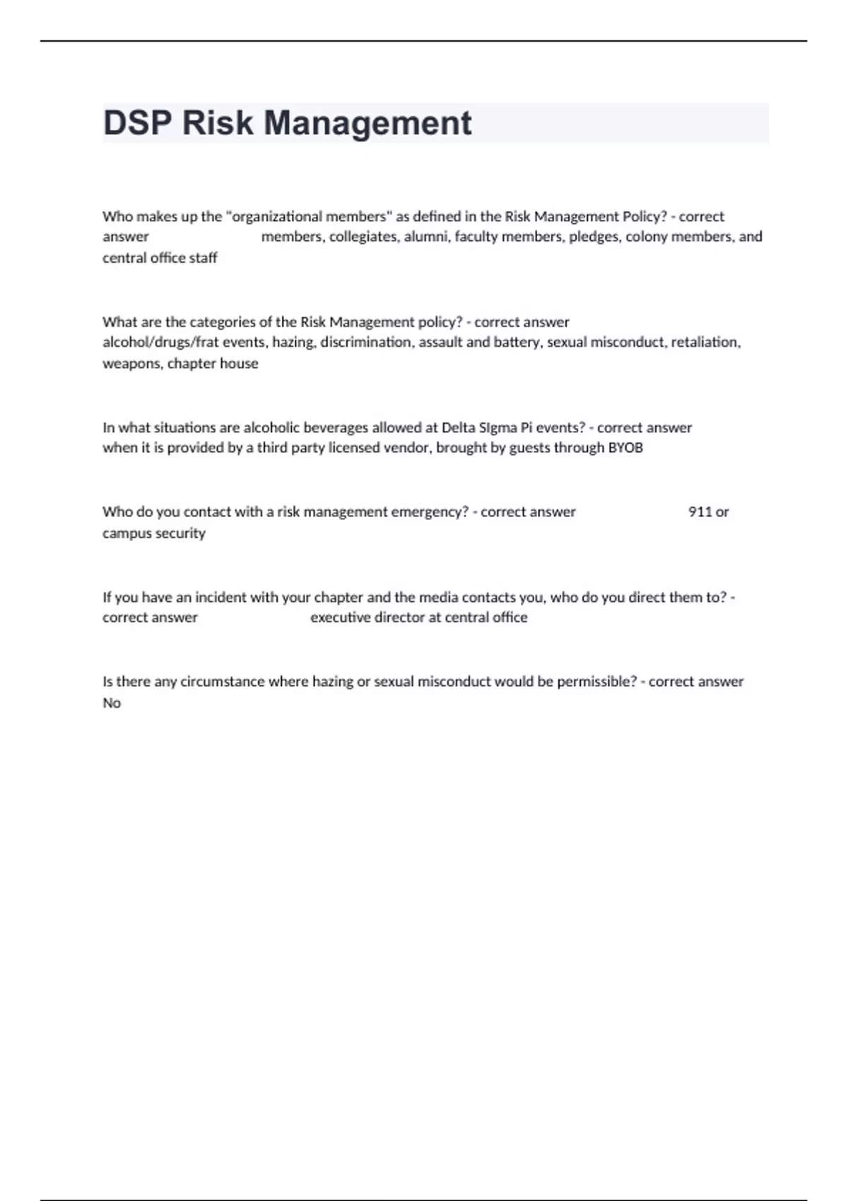 DSP Risk Management Revised Test With Solved Questions. - DSP - Stuvia US