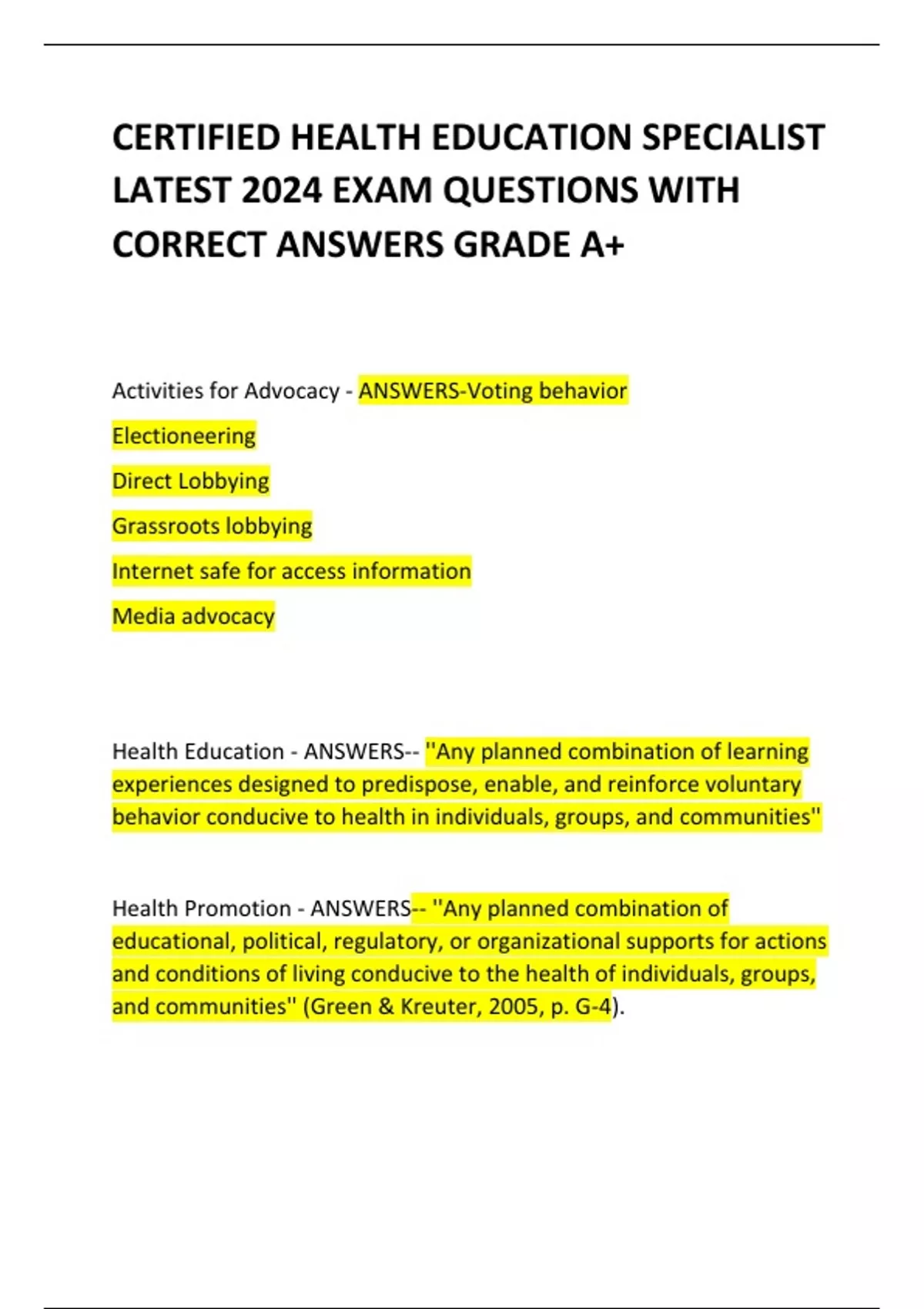 CERTIFIED HEALTH EDUCATION SPECIALIST LATEST 2024 EXAM QUESTIONS WITH ...