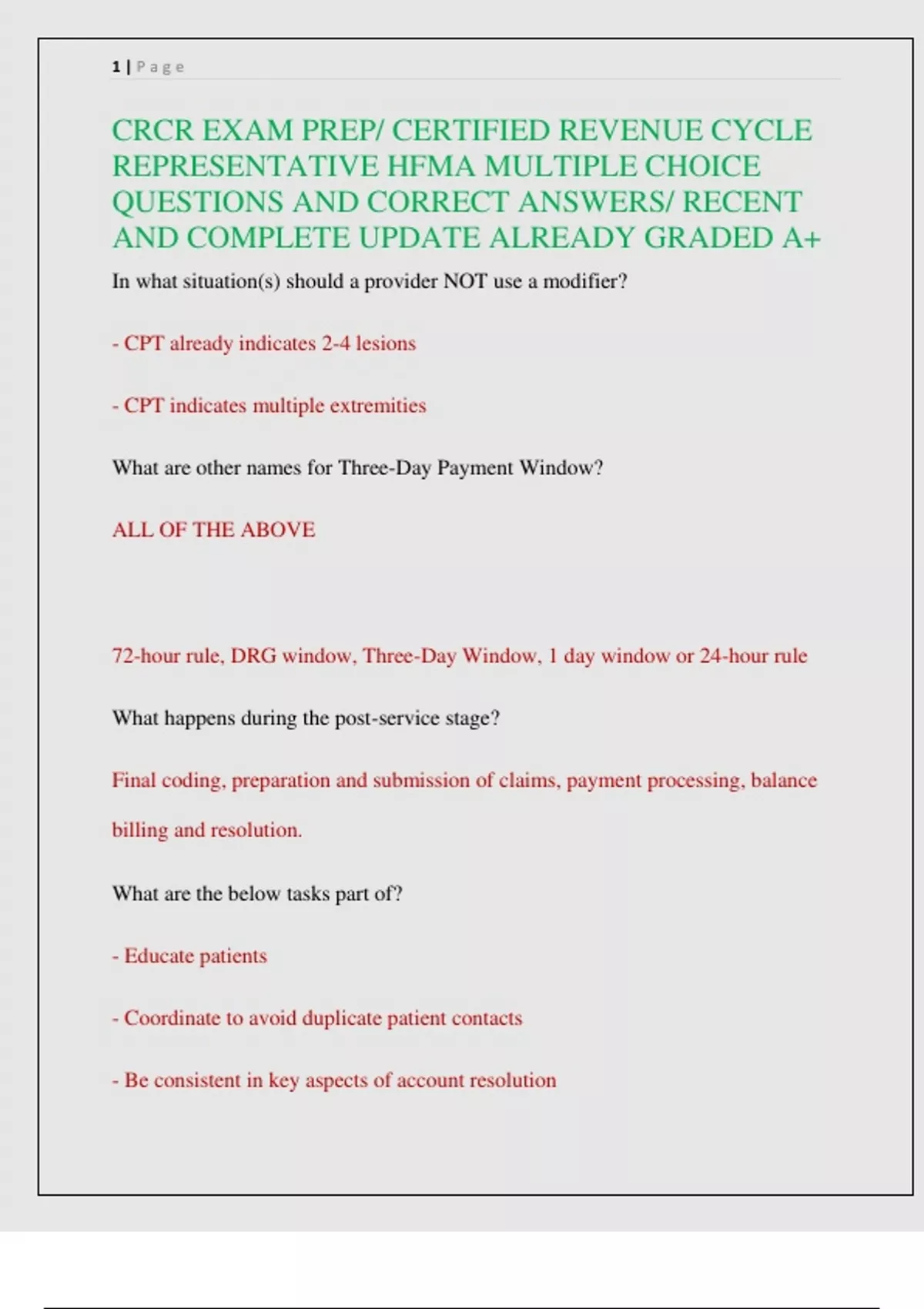 CRCR EXAM PREP/ CERTIFIED REVENUE CYCLE REPRESENTATIVE HFMA MULTIPLE CHOICE QUESTIONS AND ...