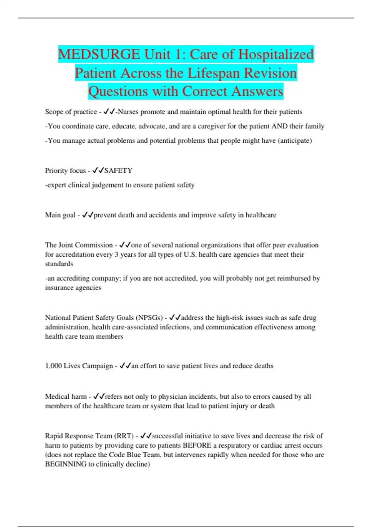 MEDSURGE Unit 1: Care of Hospitalized Patient Across the Lifespan Revision Questions with ...