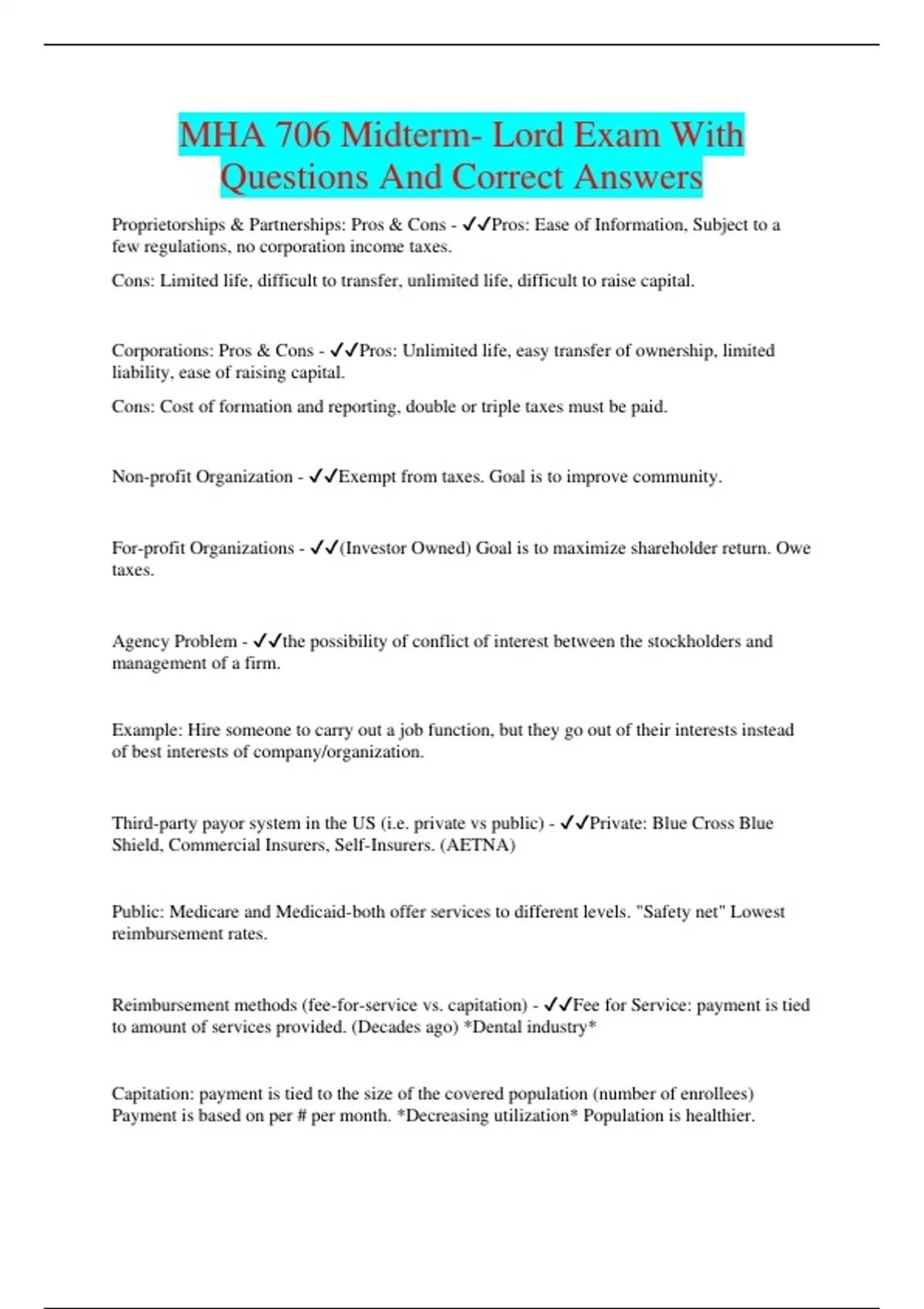 MHA 706 EXAMS BUNDLE-Questions with Correct Answers/ Latest Update ...