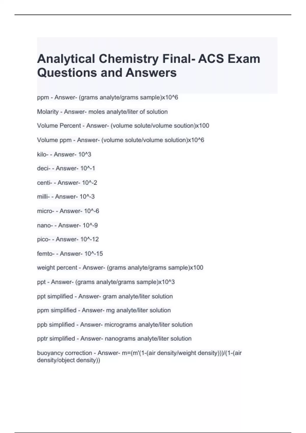 Analytical Chemistry Final- ACS Exam Questions and Answers - ACS ...