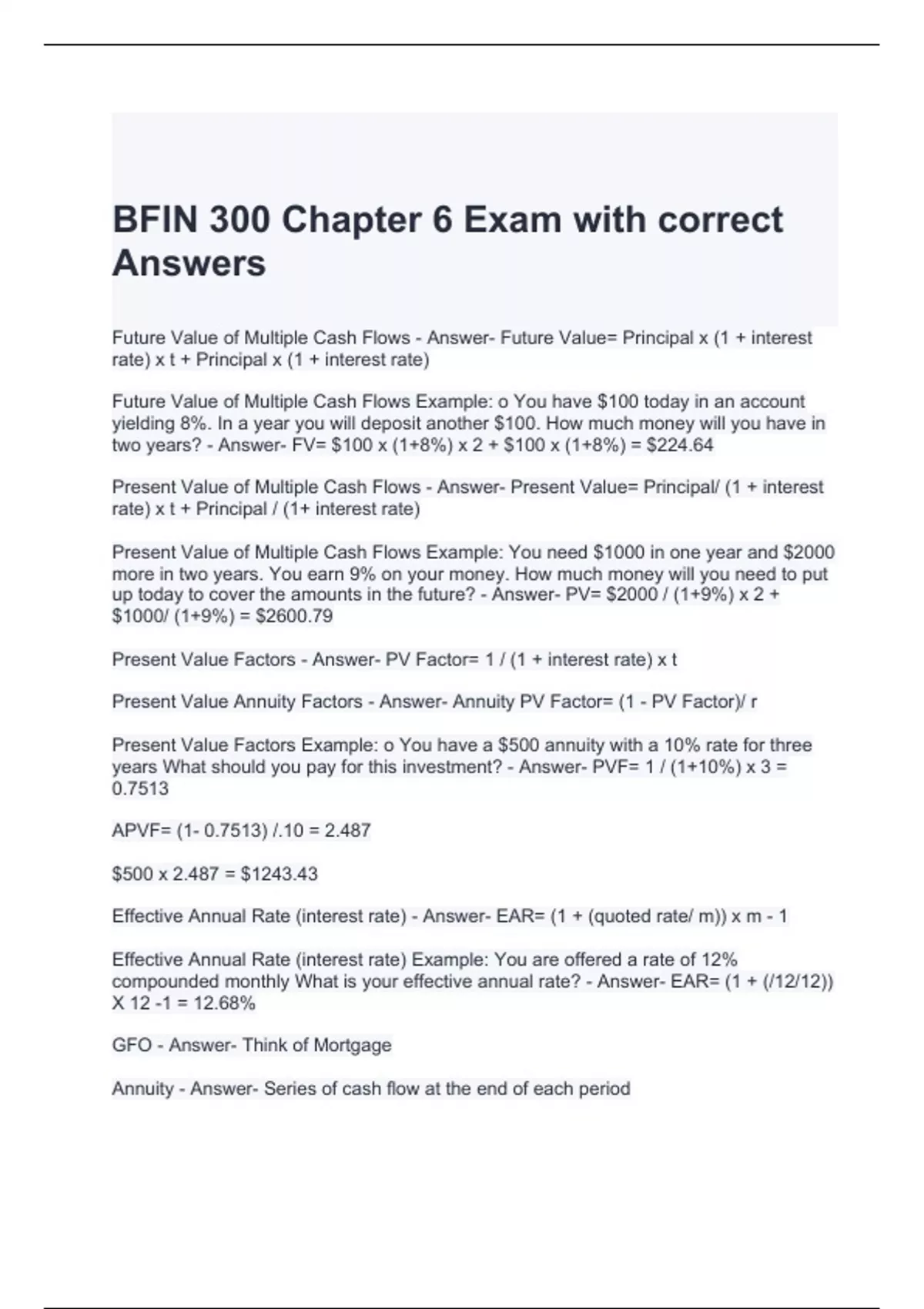 BFIN 300 Chapter 6 Exam with correct Answers 2024 - BFIN 300 - Stuvia US