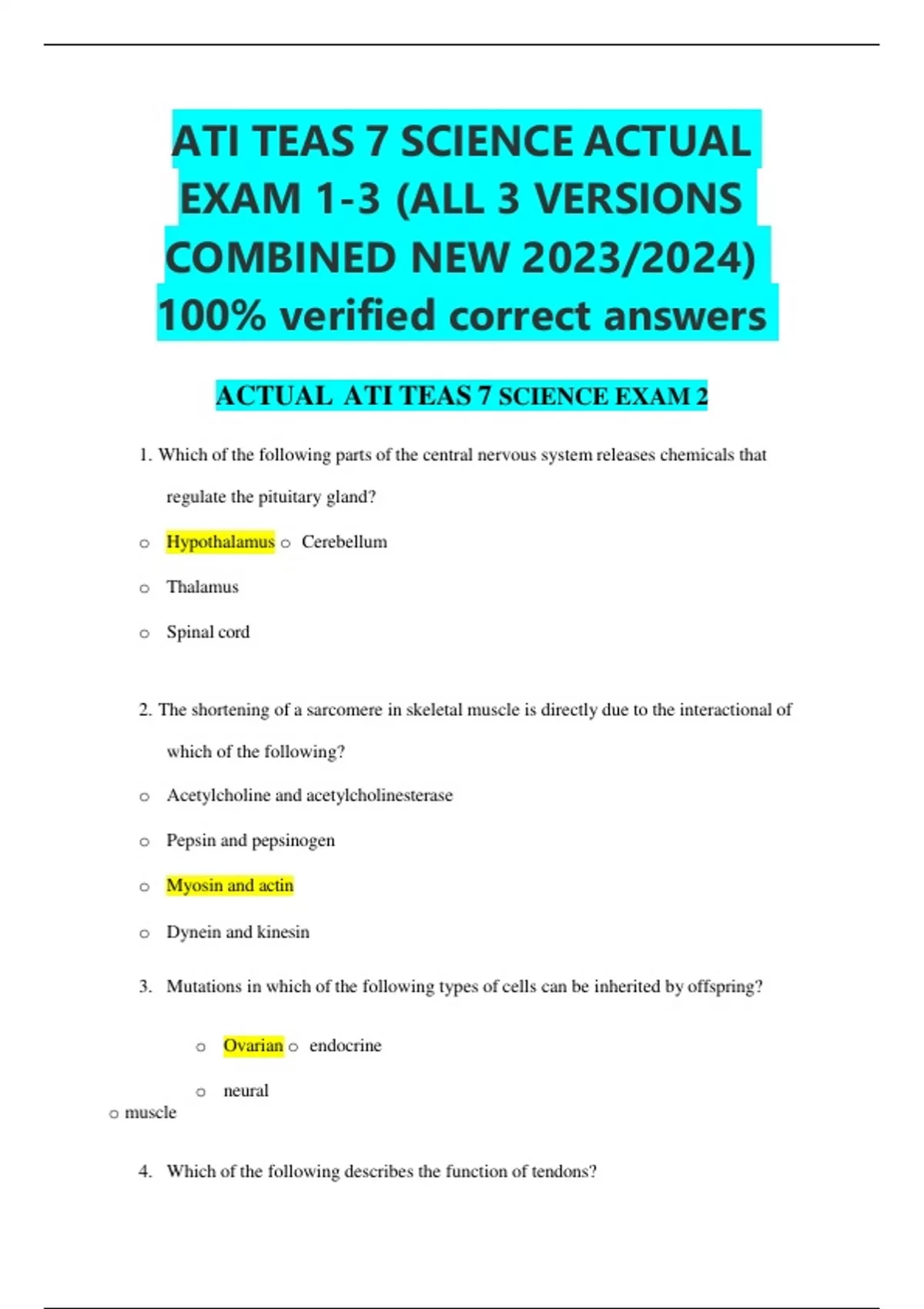 ATI TEAS 7 SCIENCE ACTUAL EXAM 1-3 (ALL 3 VERSIONS COMBINED NEW 2023/ ...