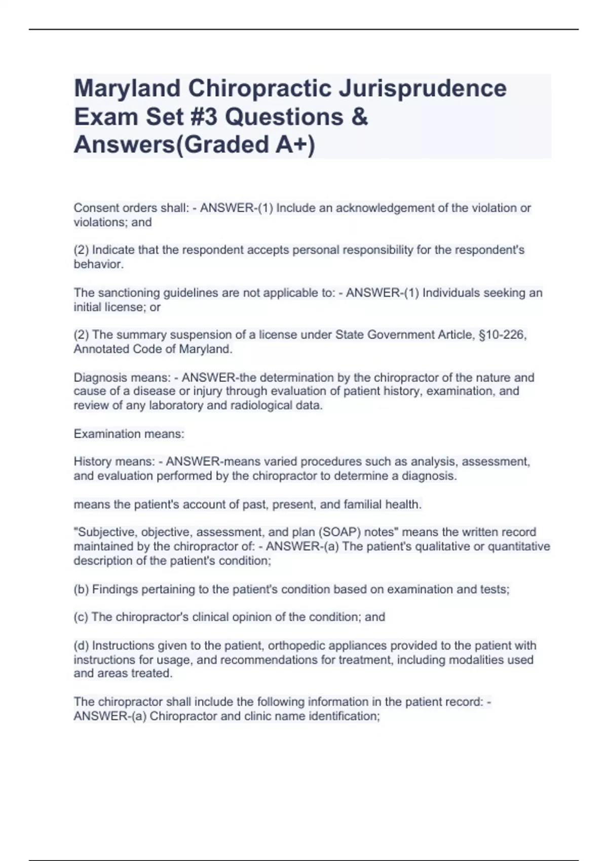 Maryland Chiropractic Jurisprudence Exam Set #3 Questions & Answers ...