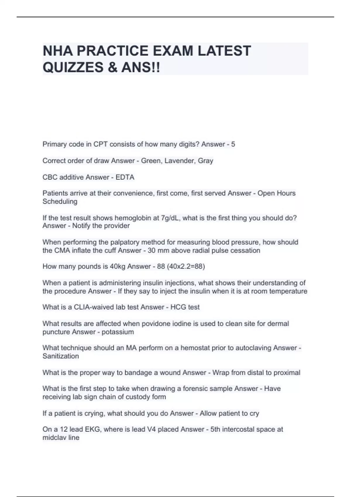 NHA PRACTICE EXAM LATEST QUIZZES & ANS!! - NHA - Stuvia NL