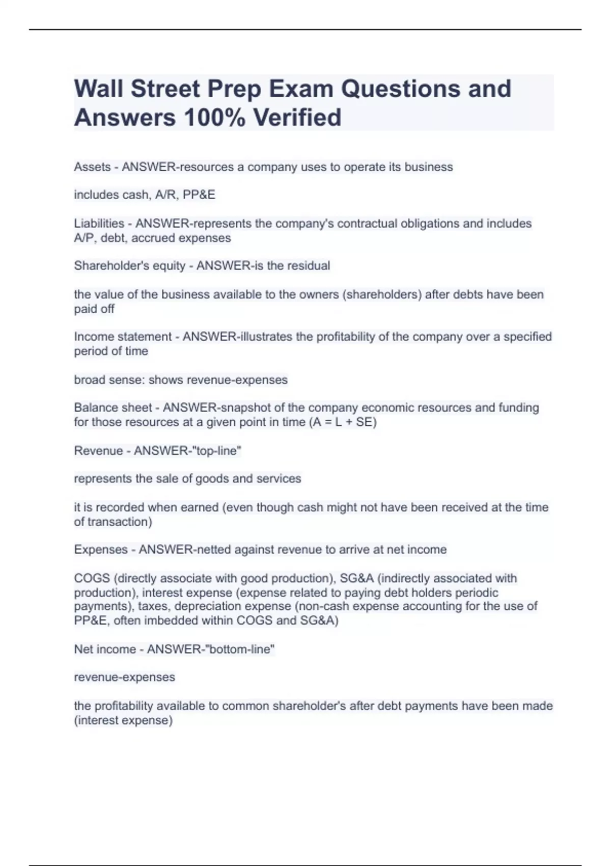 Wall Street Prep Exam Questions and Answers 100% Verified - Wall Street ...