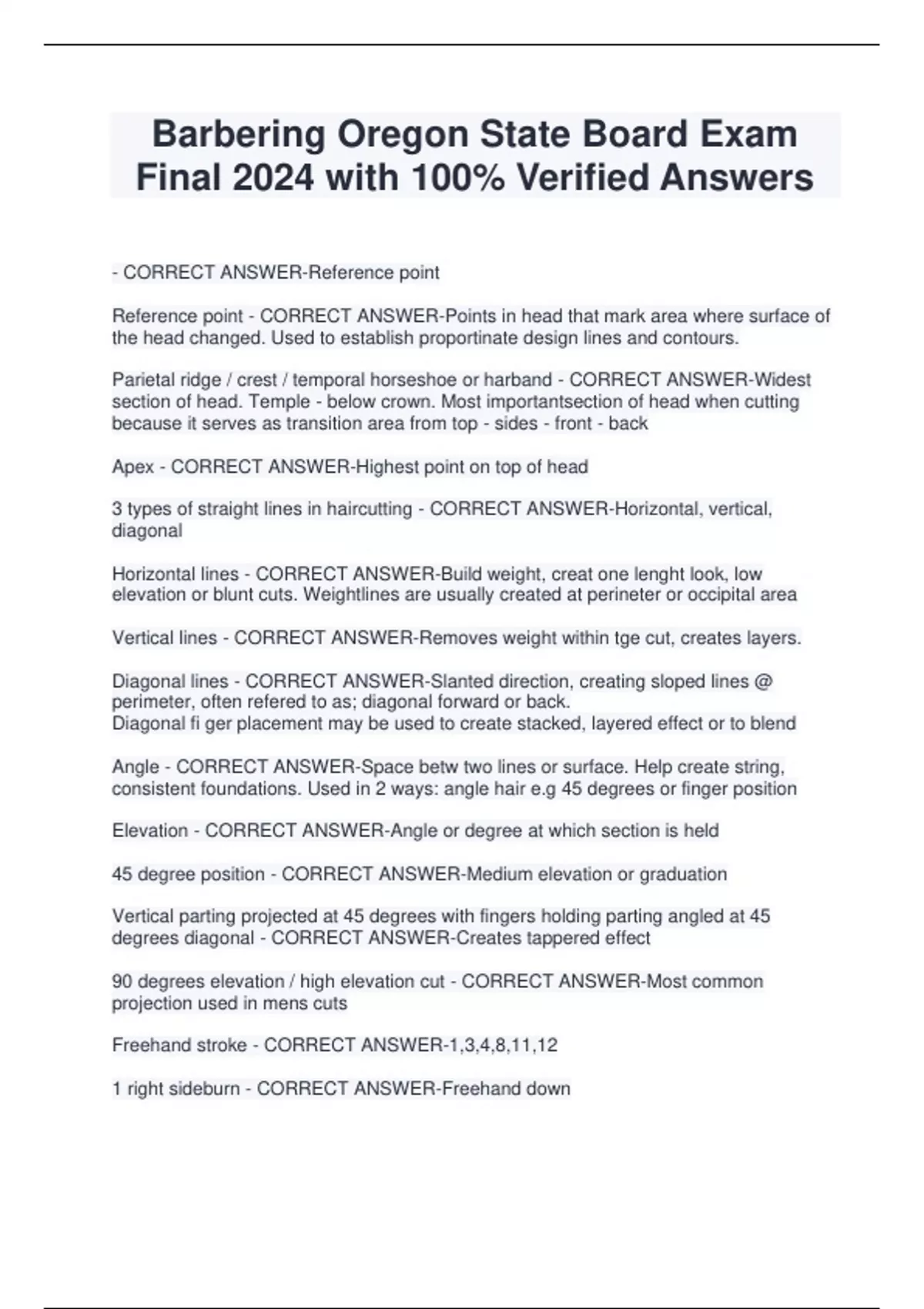 Barbering Oregon State Board Exam Final 2024 with 100% Verified Answers ...