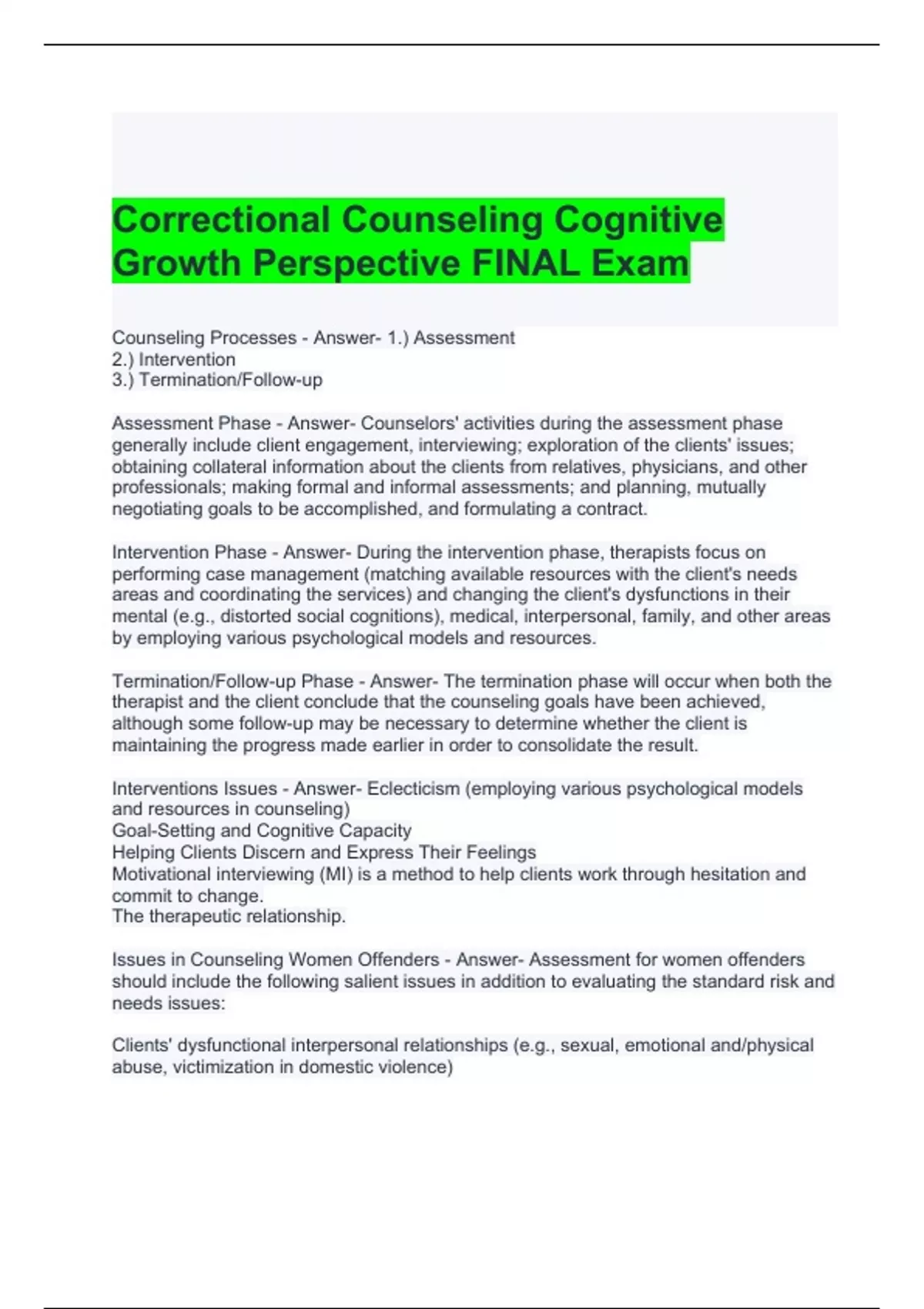 Correctional Counseling Cognitive Growth Perspective FINAL Exam ...