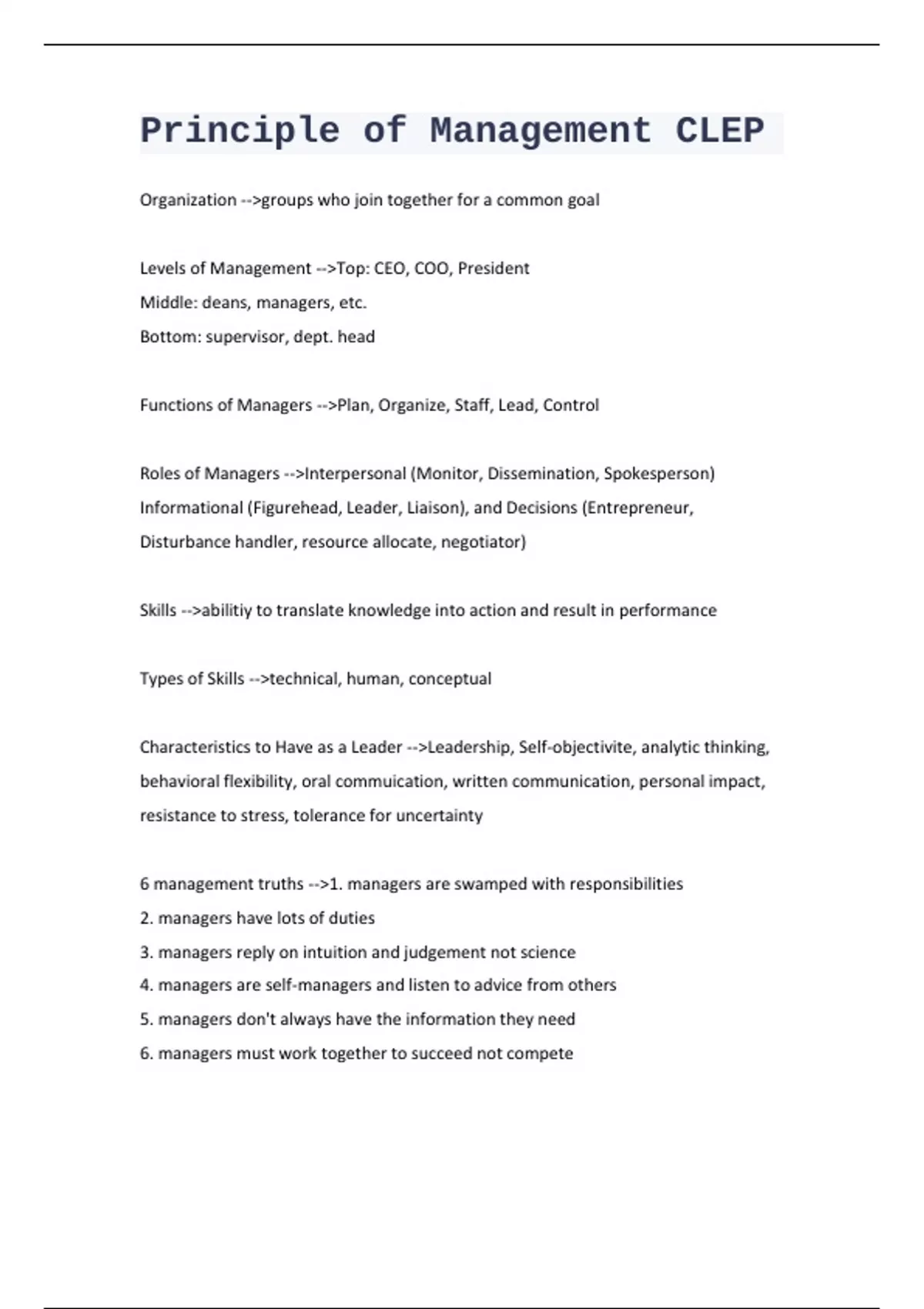 Principle of Management CLEP 2024 - Principle of Management CLEP ...