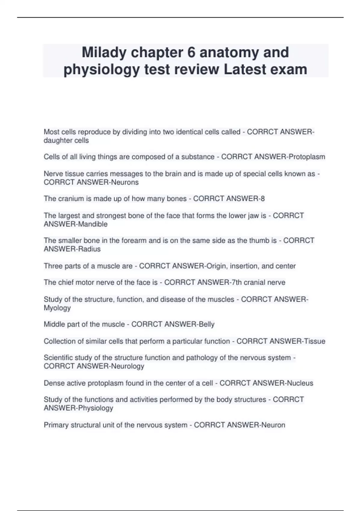 Milady chapter 6 anatomy and physiology test review Latest exam ...