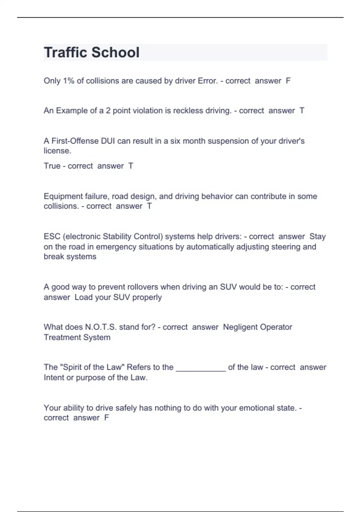 Traffic School Question and answers correctly solved 2024 - TRAFFIC SCHOOL - Stuvia US