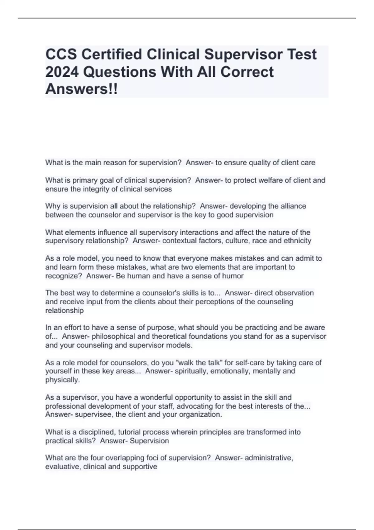 CCS Certified Clinical Supervisor Test 2024 Questions With All Correct ...