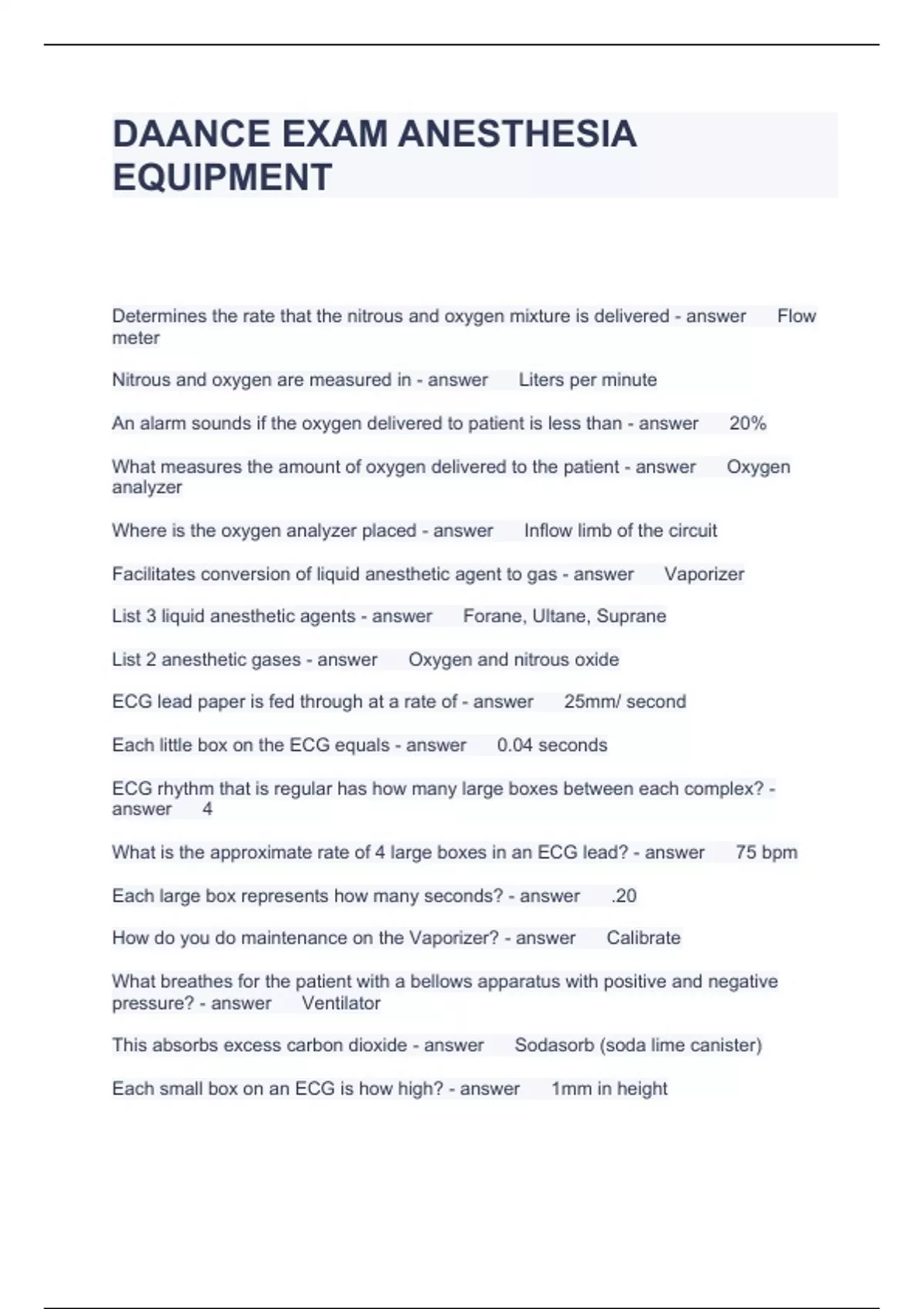DAANCE EXAM ANESTHESIA EQUIPMENT QUESTIONS WITH CORRECT ANSWERS 2024 - DAANCE - Stuvia US