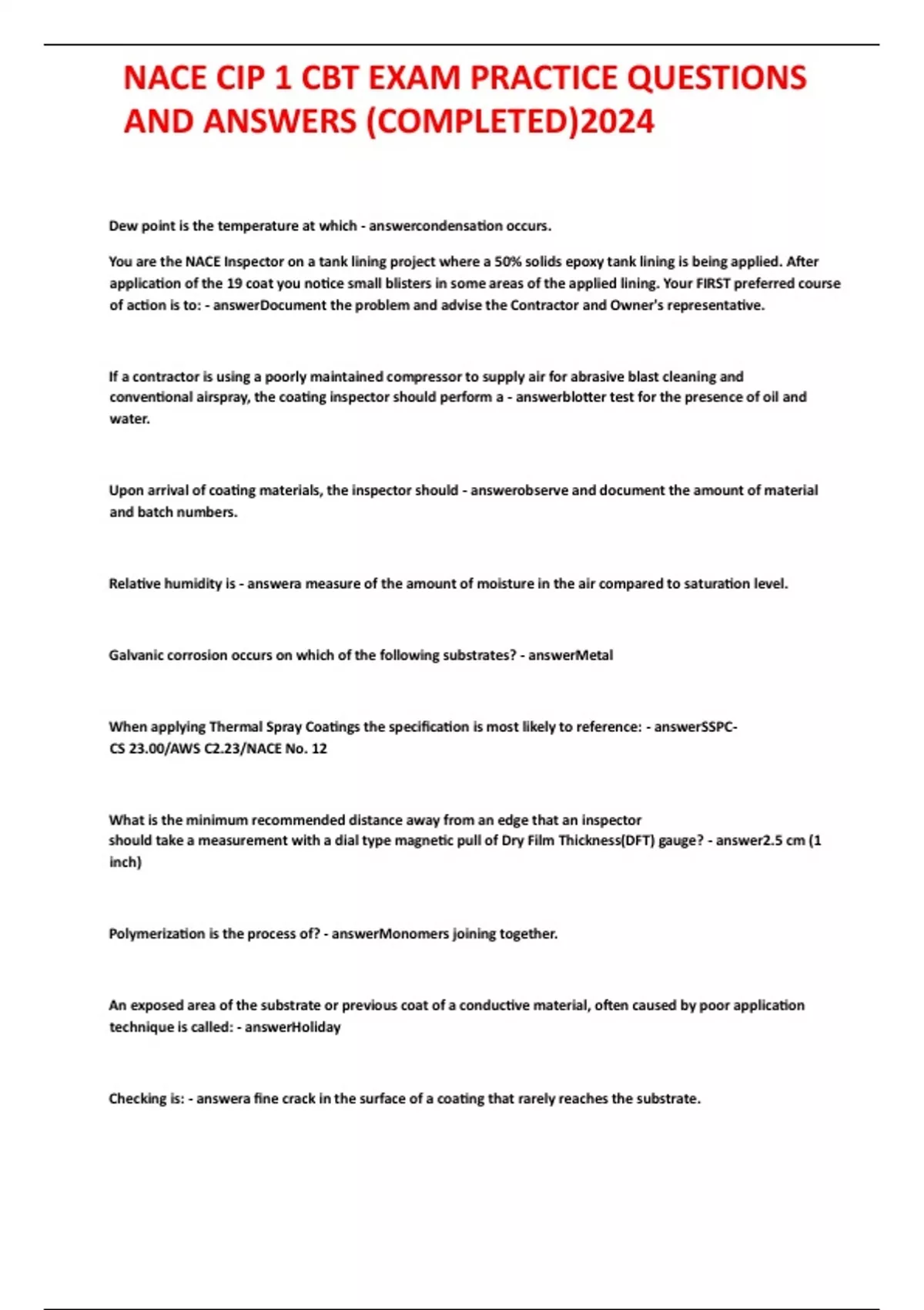 NACE CIP 1 CBT EXAM PRACTICE QUESTIONS AND ANSWERS (COMPLETED) 2024 - Advance nursing - Stuvia US