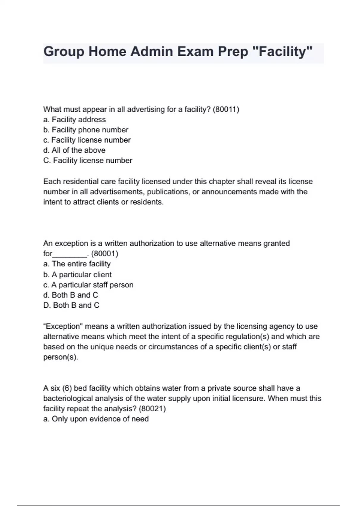 Group Home Admin Exam Prep "Facility" Questions & answers - Group Home ...