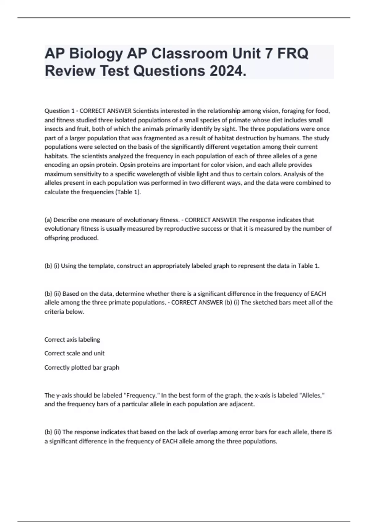 AP Biology AP Classroom Unit 7 FRQ Review Test Questions 2024. - AP ...