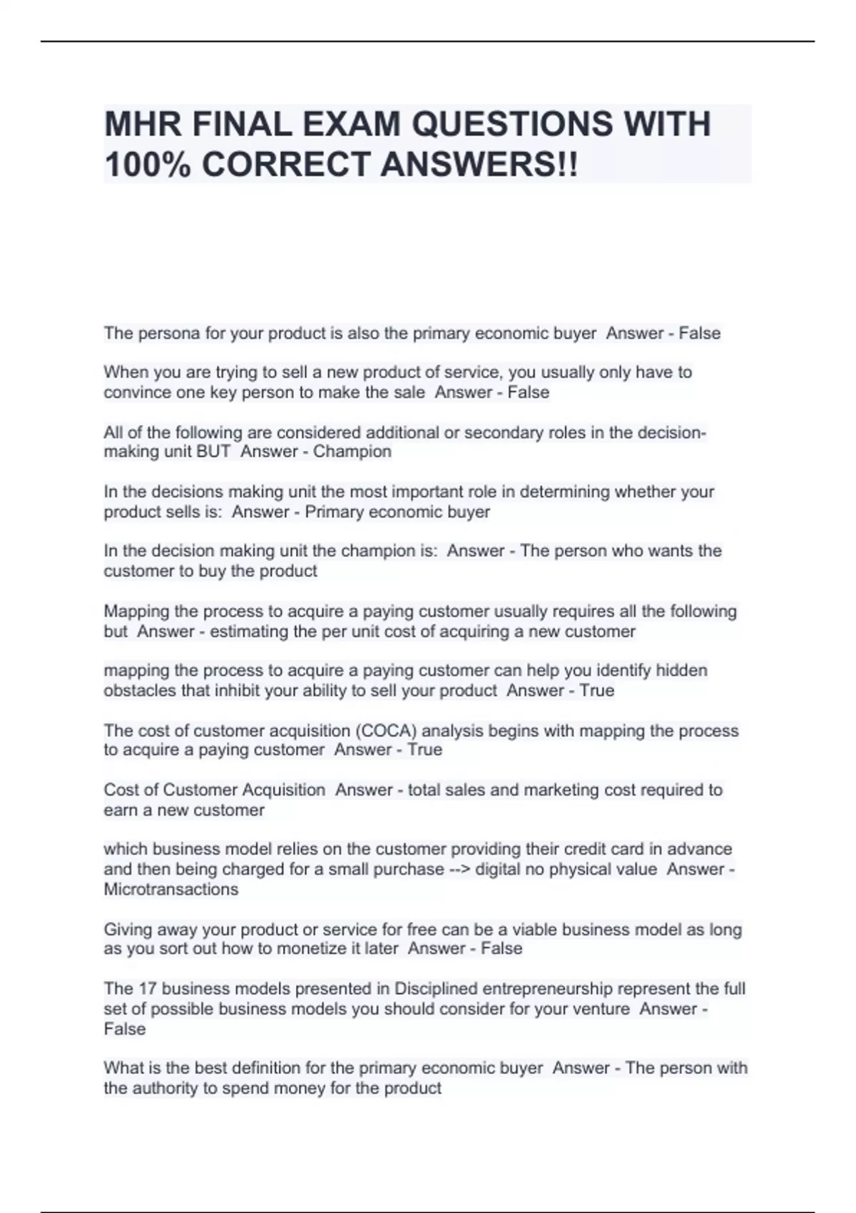 MHR FINAL EXAM QUESTIONS WITH 100% CORRECT ANSWERS!! - MHR - Stuvia US