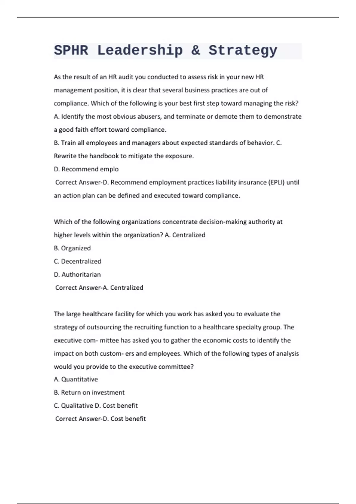 SPHR Leadership & Strategy 2024 - SPHR Leadership & Strategy - Stuvia US