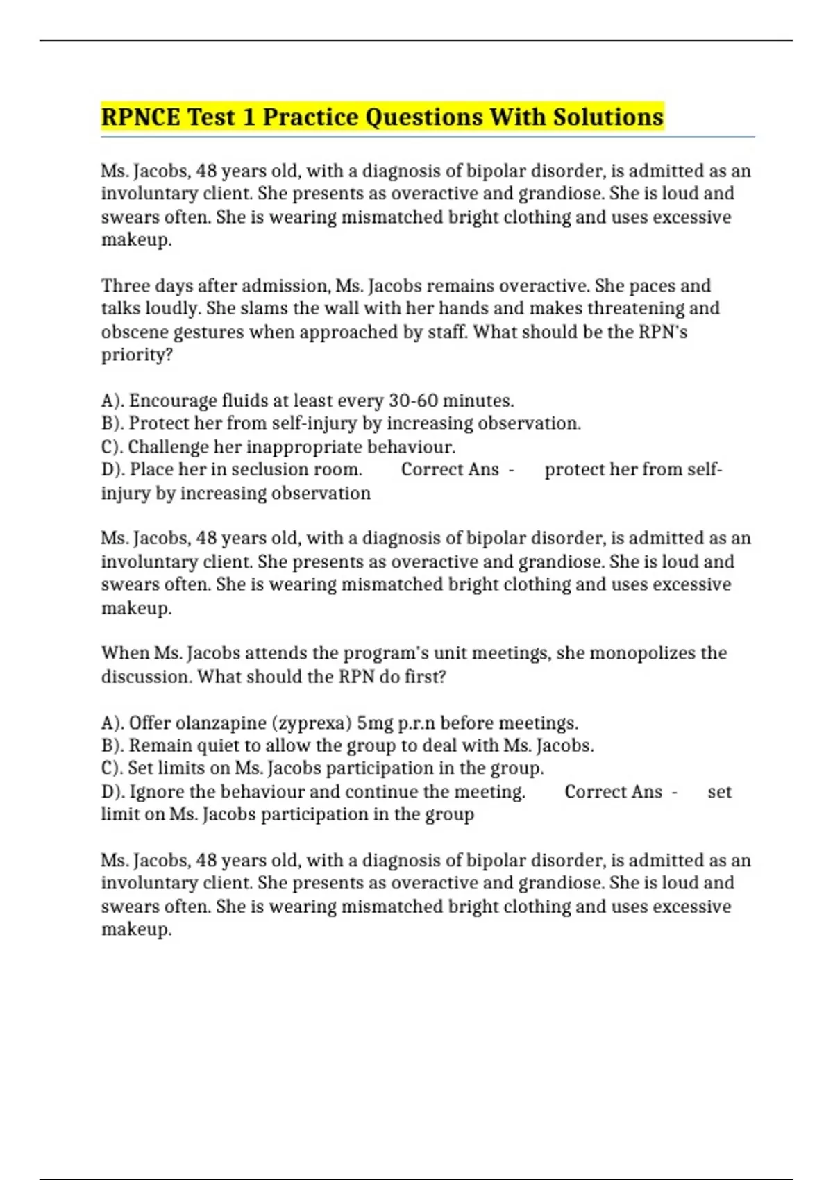 RPNCE Test 1 Practice Questions With Solutions - RPNCE - Stuvia US