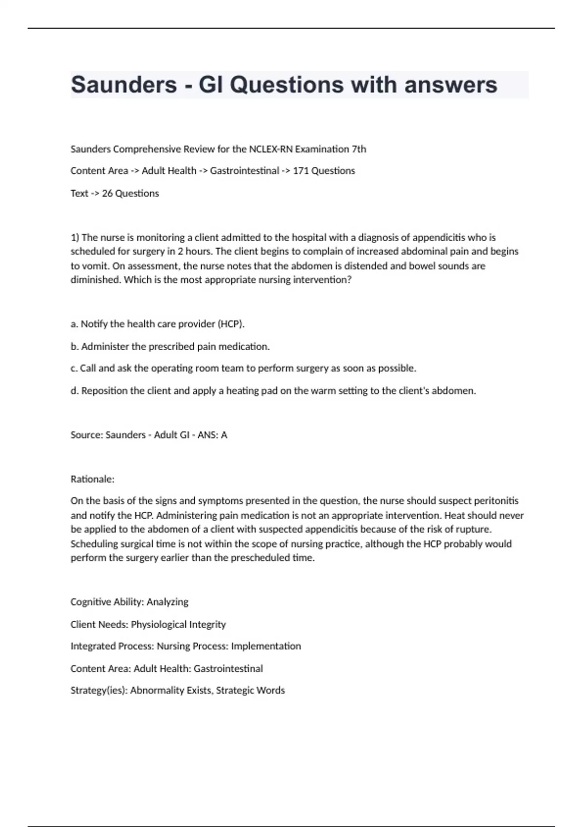 Saunders - GI Questions with answers - Saunders - GI - Stuvia US