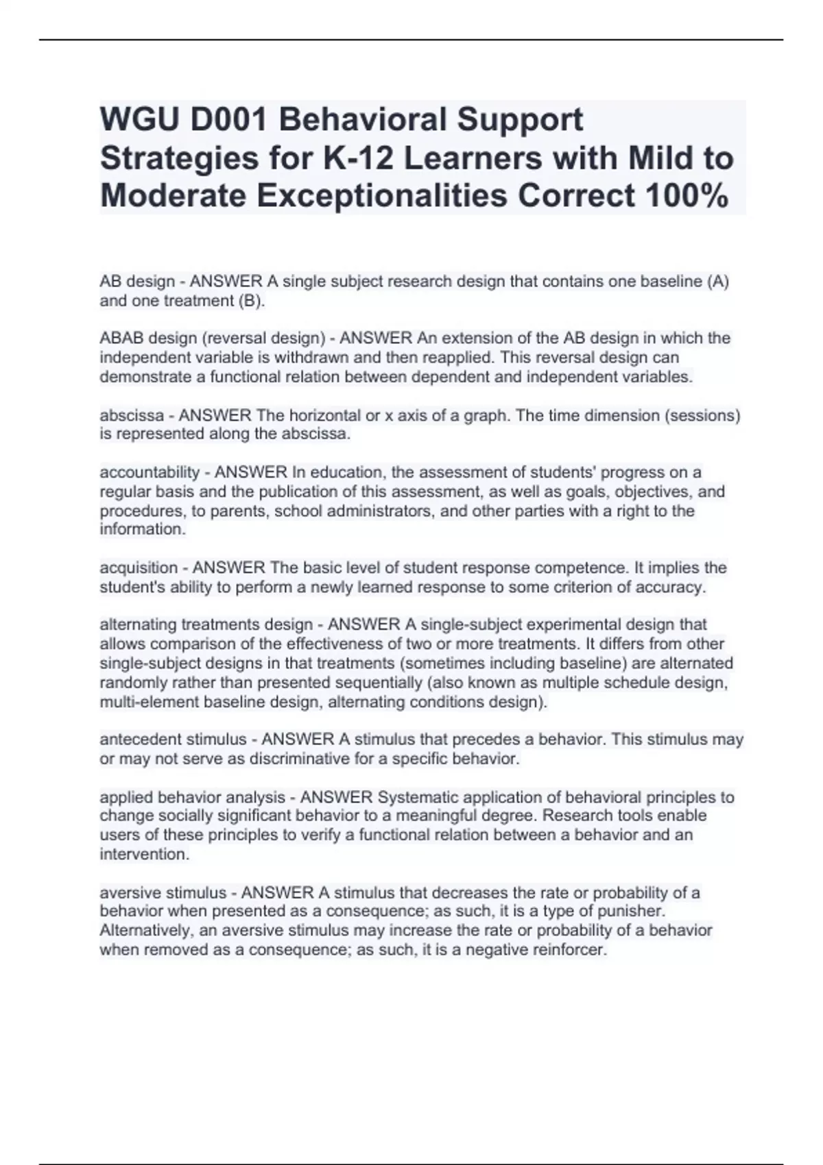 WGU D001 Behavioral Support Strategies for K-12 Learners with Mild to ...