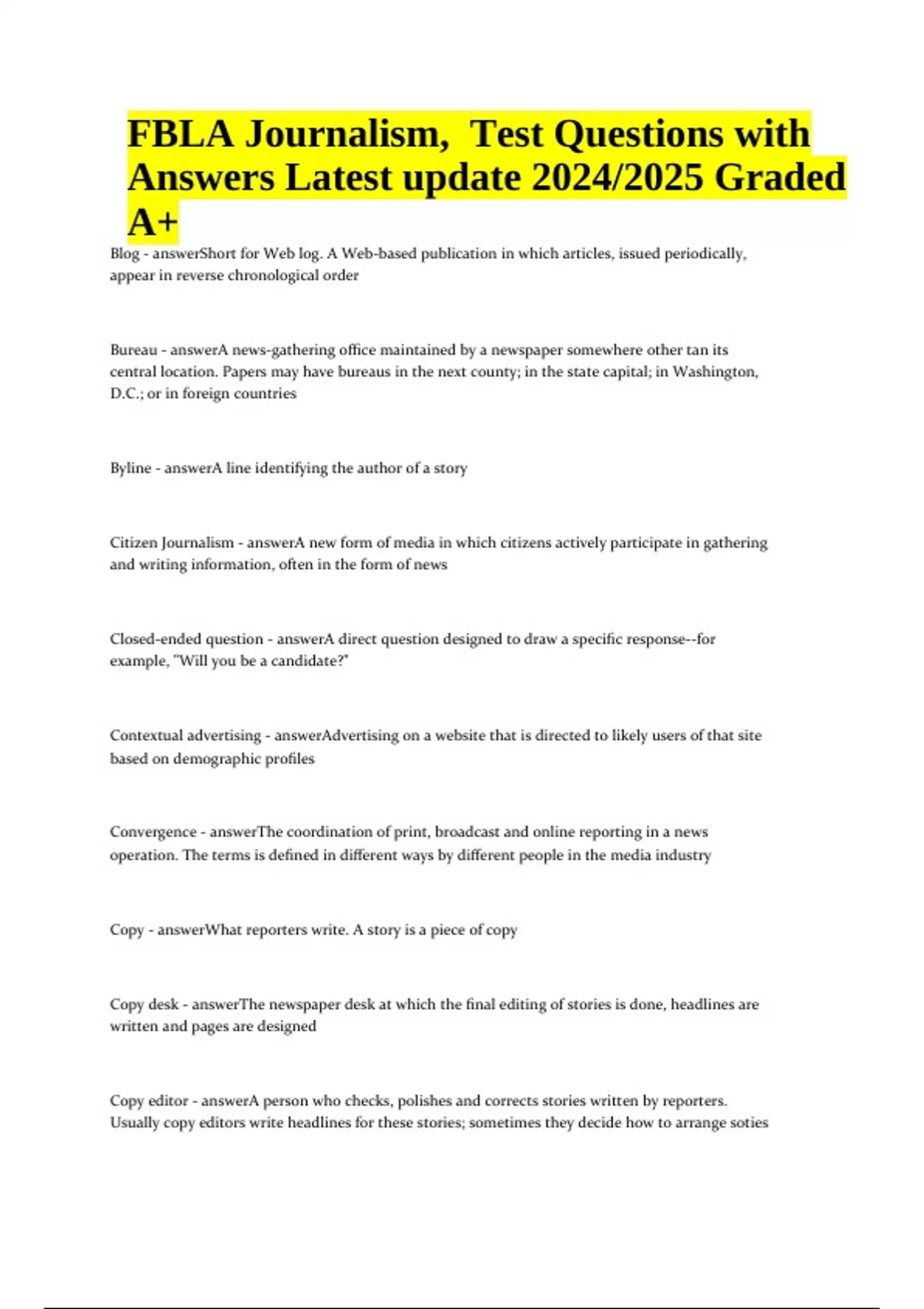 FBLA Journalism, Test Questions with Answers Latest update 2024/2025 ...