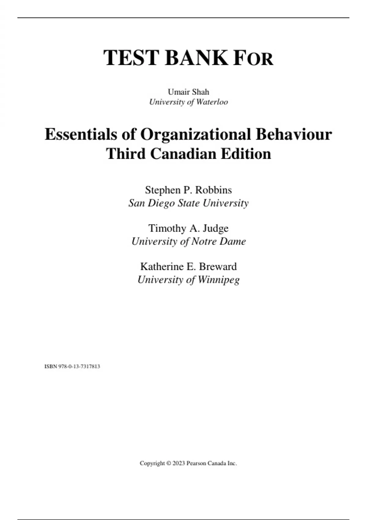 Test Bank For Essentials of Organizational Behaviour, Canadian Edition ...