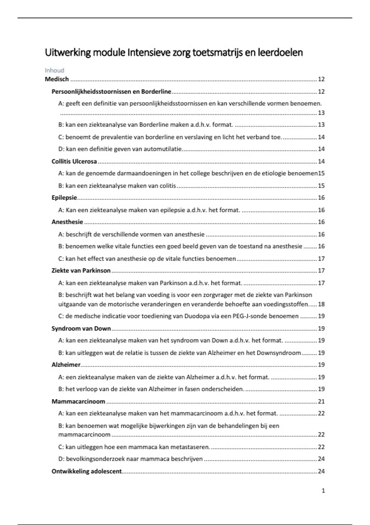 Samenvatting Intensieve zorg uitwerking toetsmatrijs en aanvullende ...