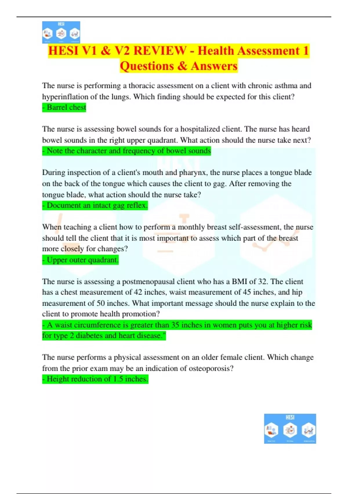 HESI V1 & V2 REVIEW - Health Assessment 1 Questions & Answers - The ...