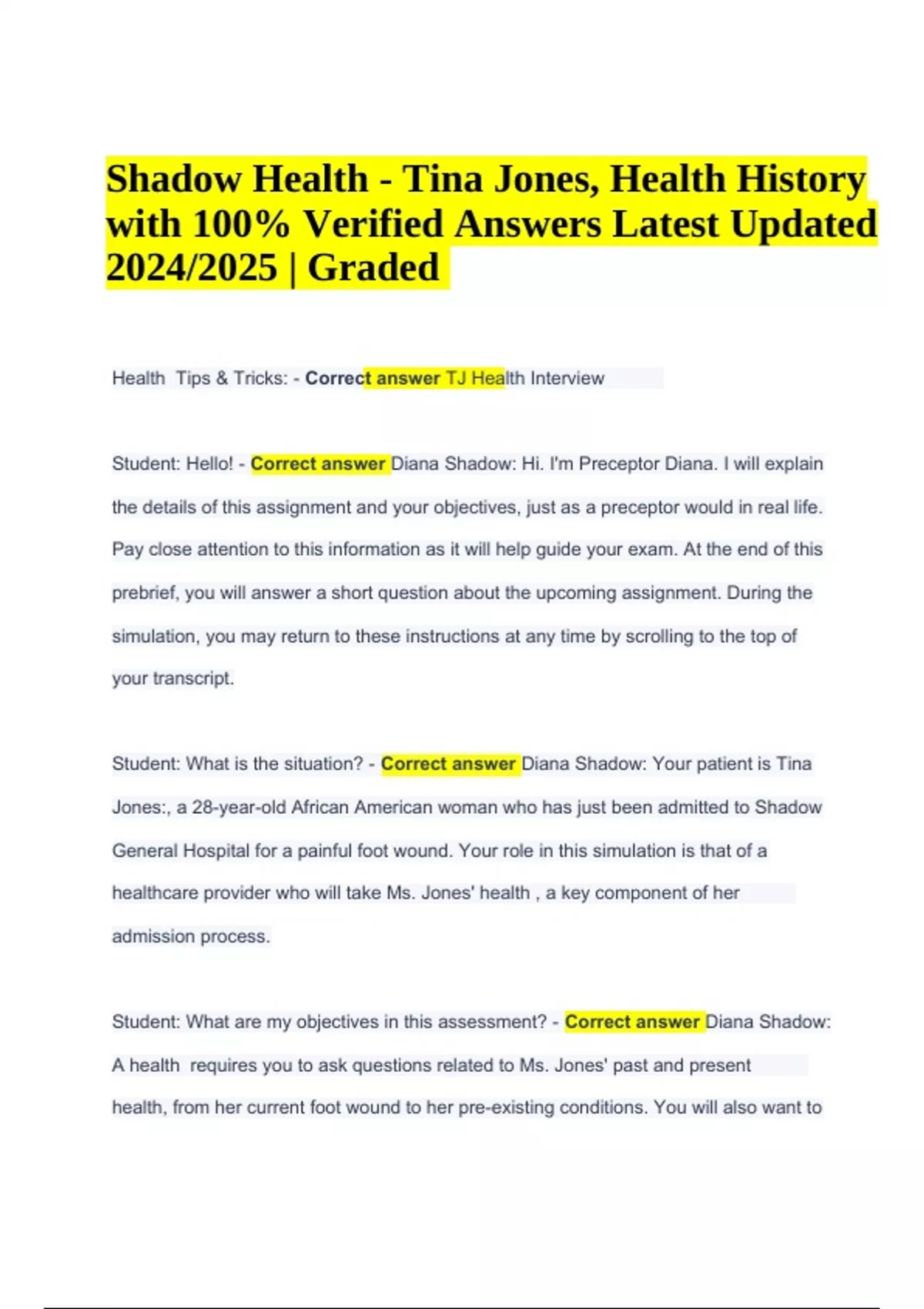 Shadow Health - Tina Jones, Health History with 100% Verified Answers ...