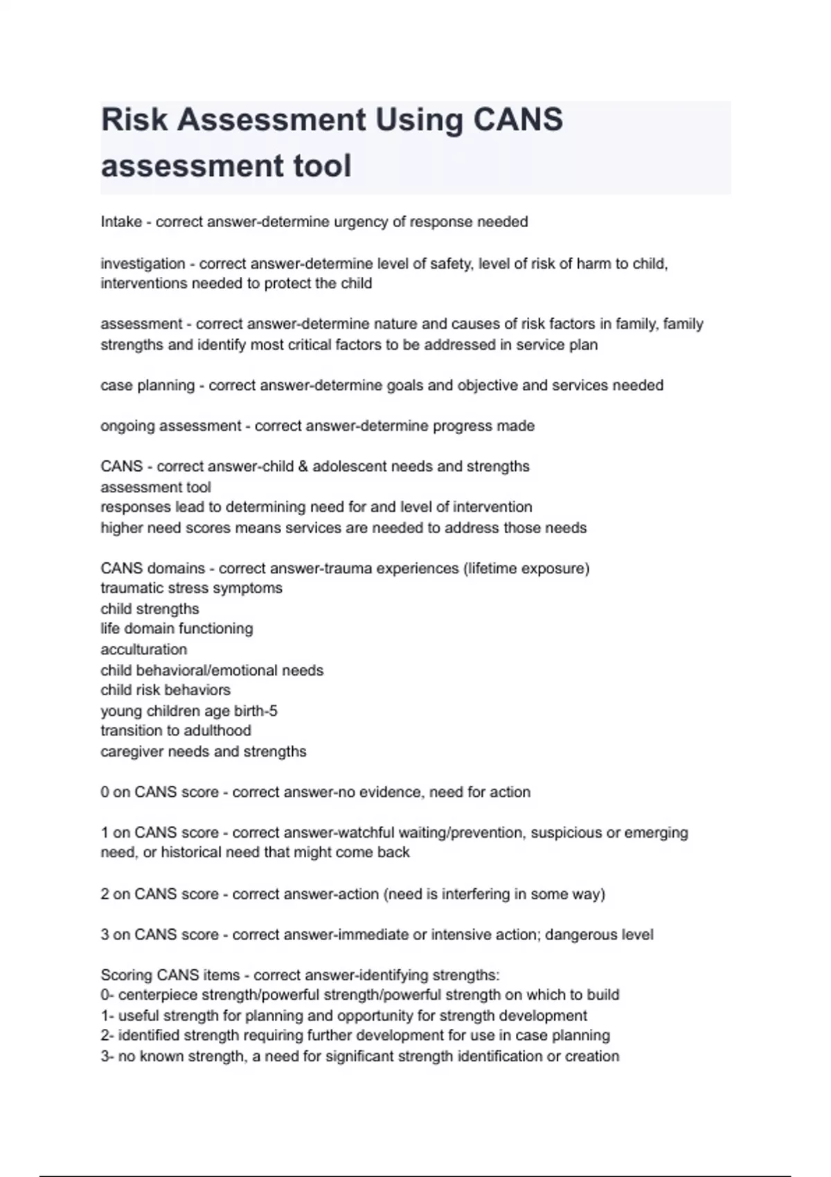 Risk Assessment Using CANS assessment tool Questions & answers - Risk ...